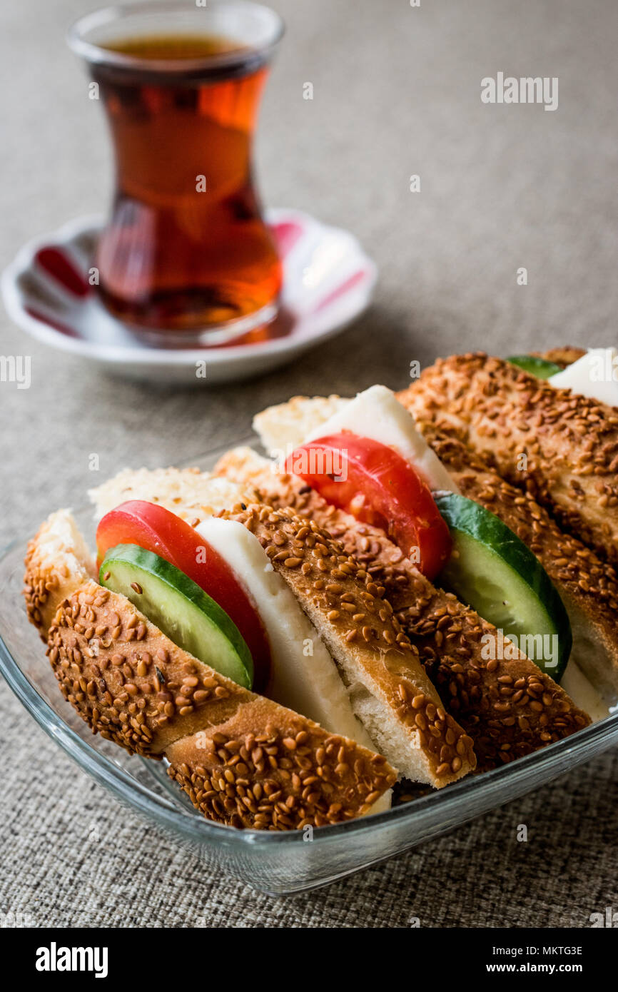 Turkish Bagel Simit Sandwich with cheese, tomato, cucumber and tea ...
