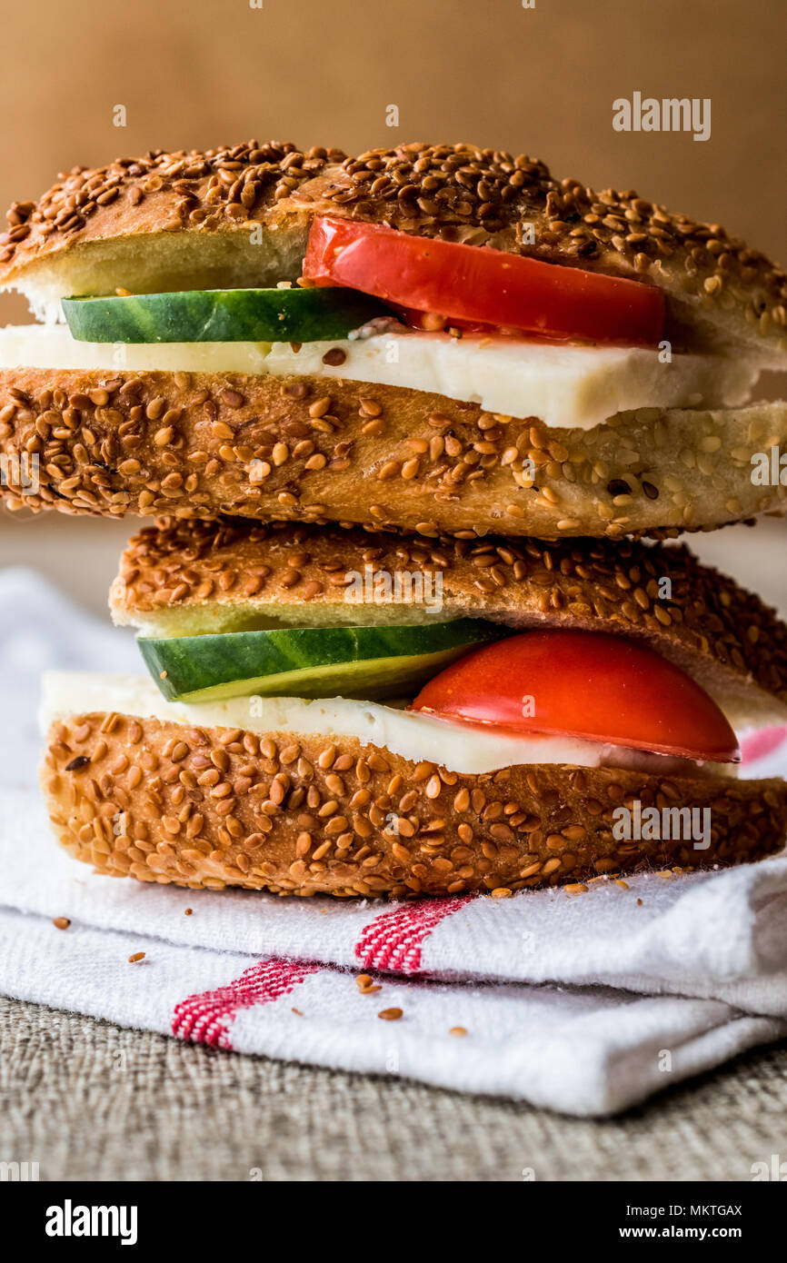 Turkish Bagel Simit Sandwich with cheese, tomato and cucumber. fast ...