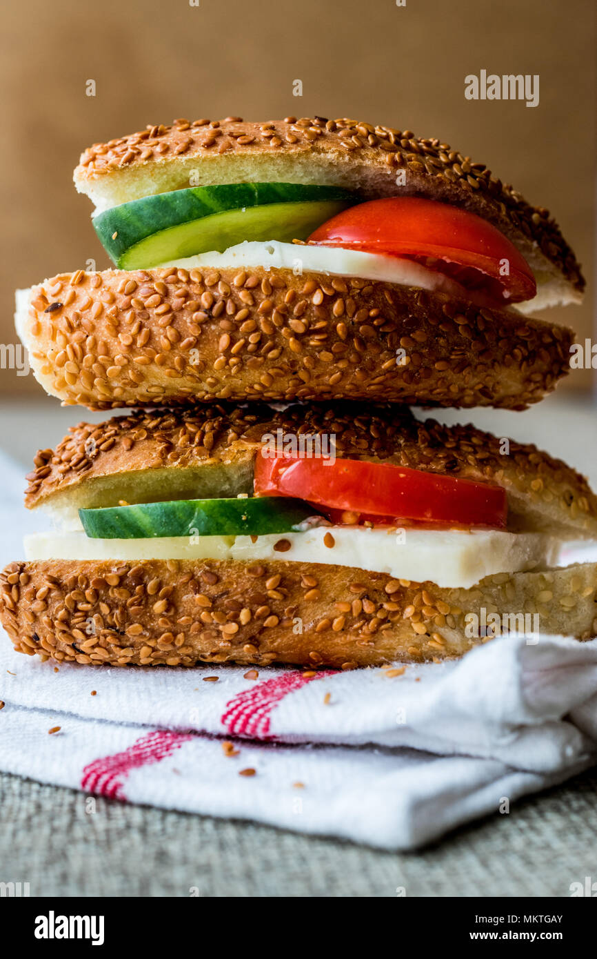Turkish Bagel Simit Sandwich with cheese, tomato and cucumber. fast ...