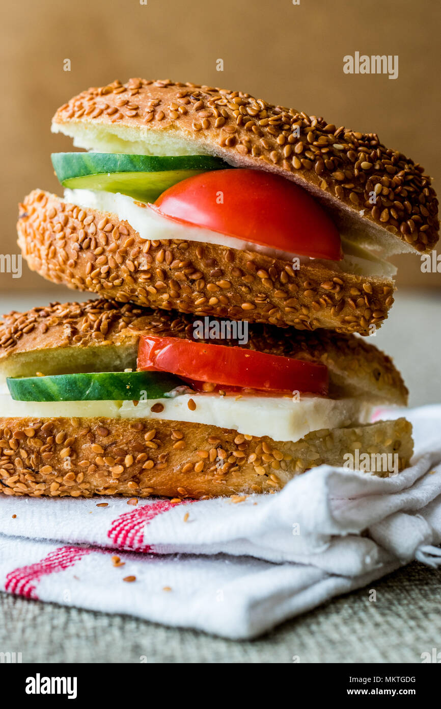 Turkish Bagel Simit Sandwich with cheese, tomato and cucumber. fast ...
