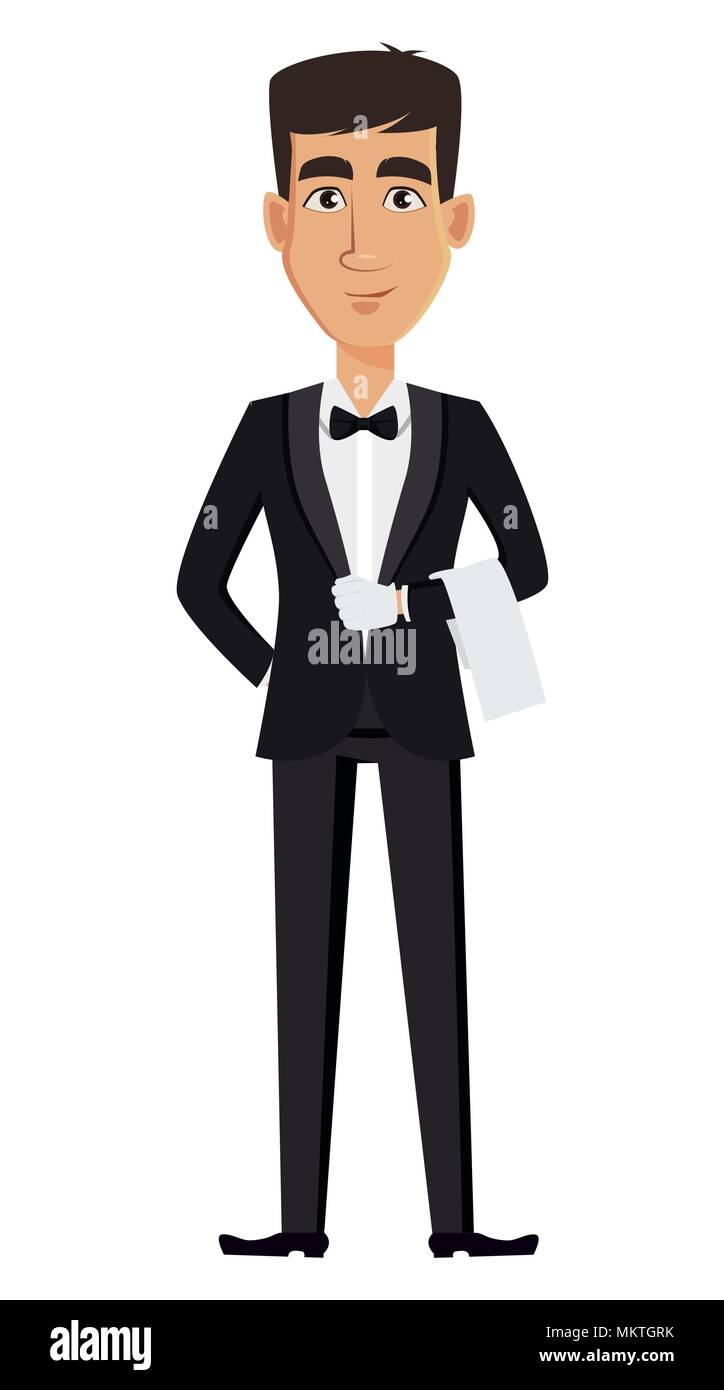 Handsome waiter wearing a professional uniform. Cheerful cartoon ...