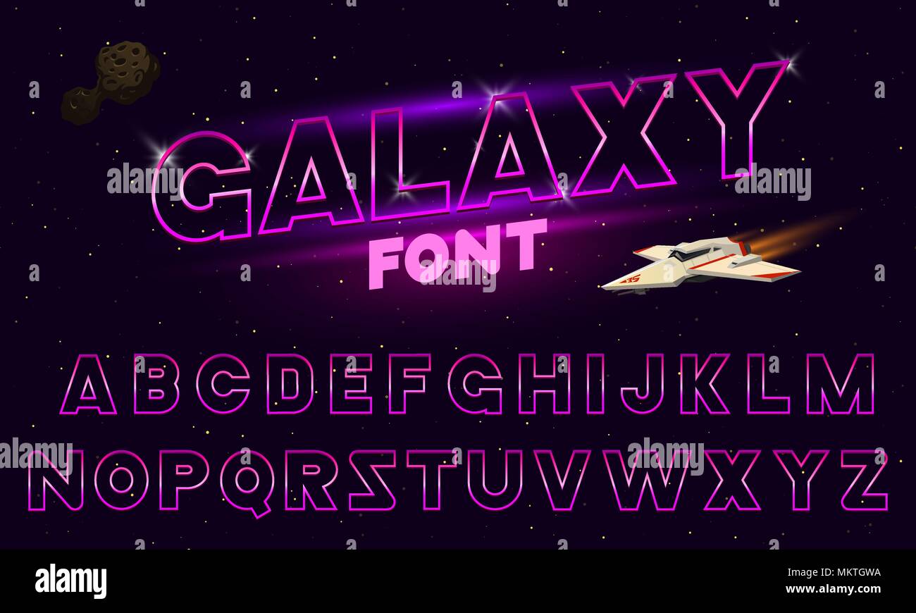 80 s purple neon retro font. Futuristic chrome letters. Bright Alphabet on dark background ...