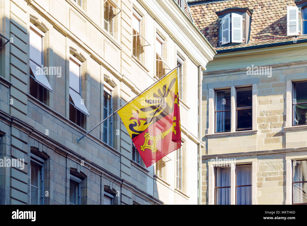 Swiss and city street flags with coat of arms, Geneva, Switzerland ...