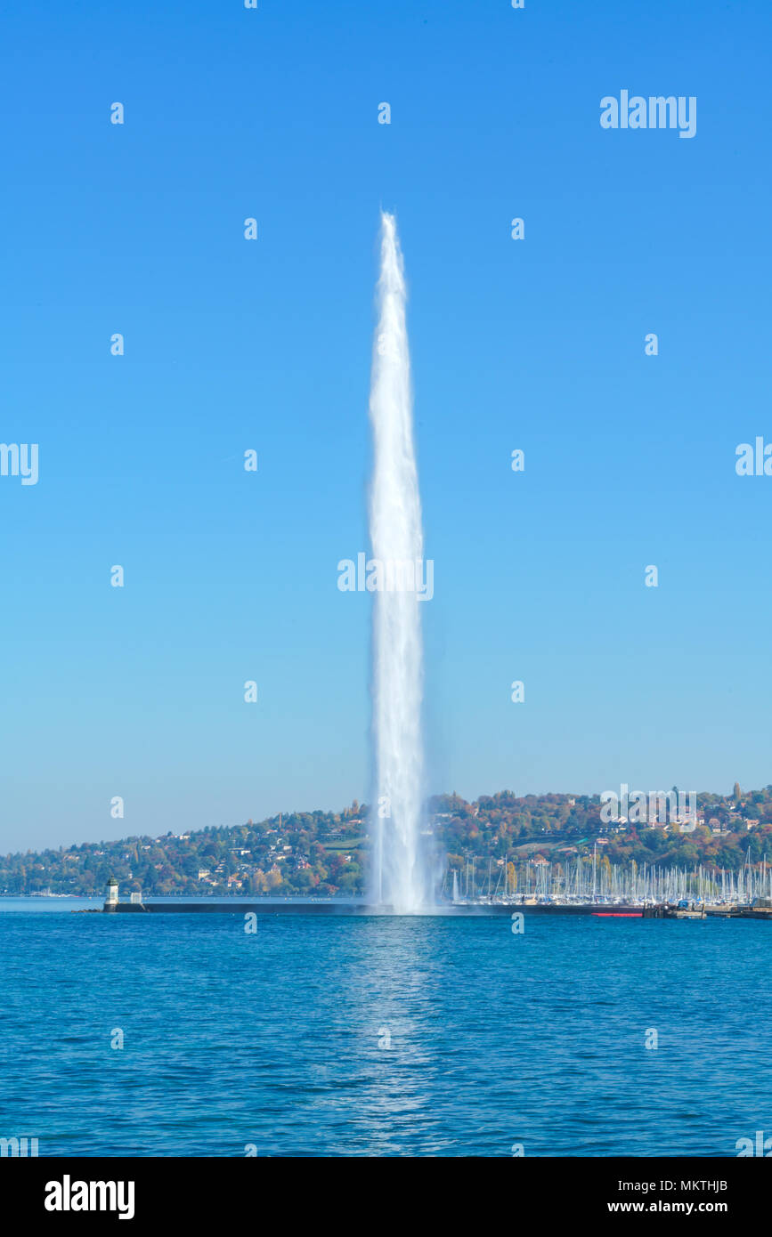 The Jet d'Eau or Water jet fountain, where Lake Geneva empties into ...