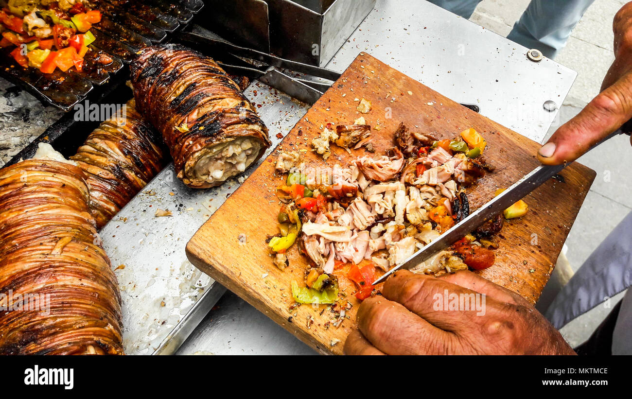 Turkish Street Food Kokorec made with sheep bowel. Traditional fast ...