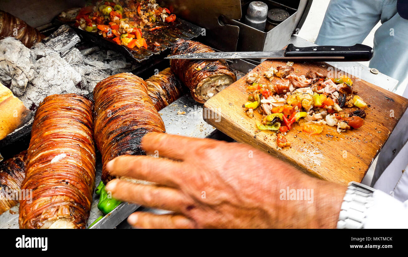 Turkish Street Food Kokorec made with sheep bowel. Traditional fast ...
