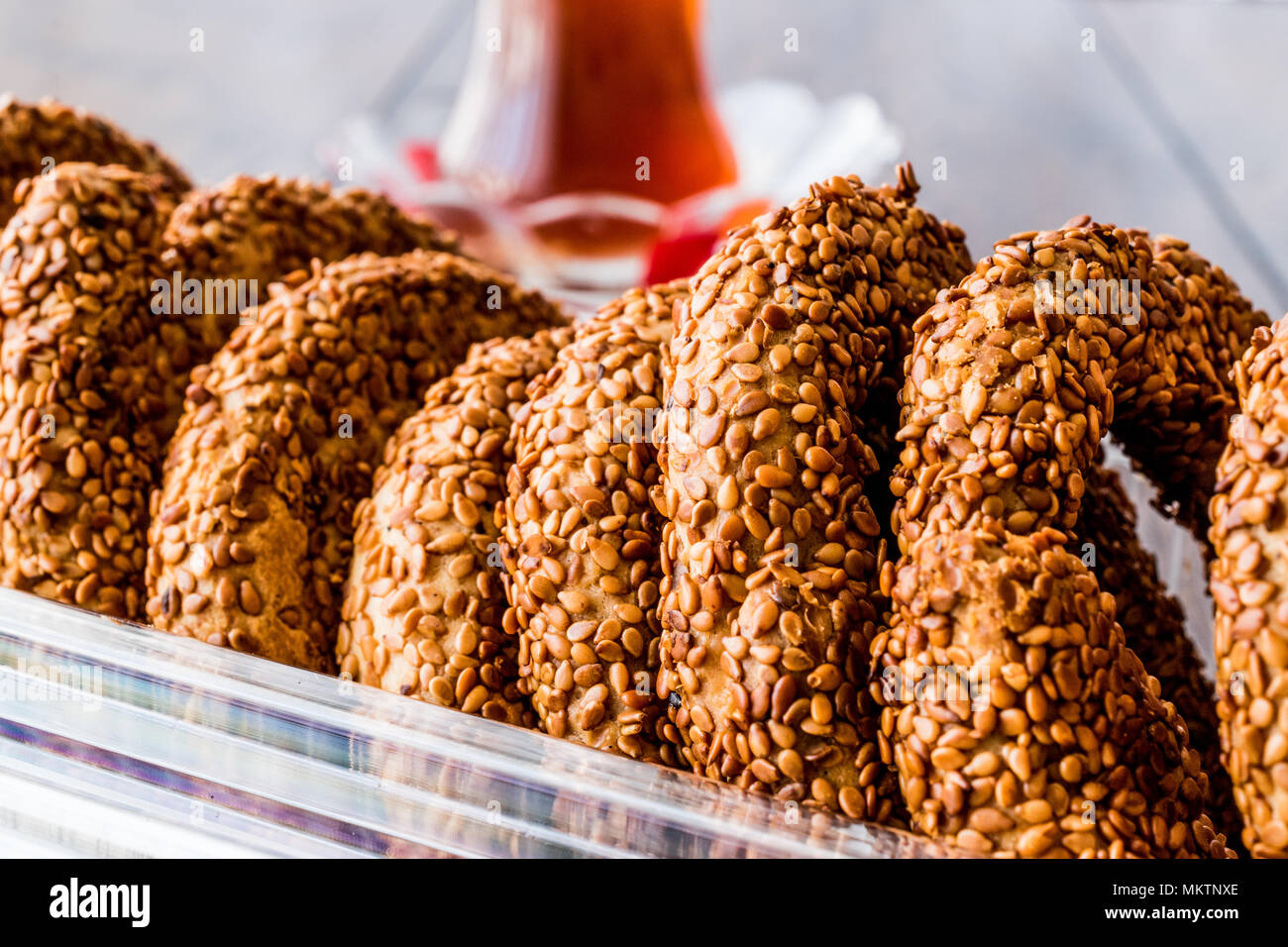 Turkish Bagel Kandil simiti with tea (stack of pastry). fast food Stock ...