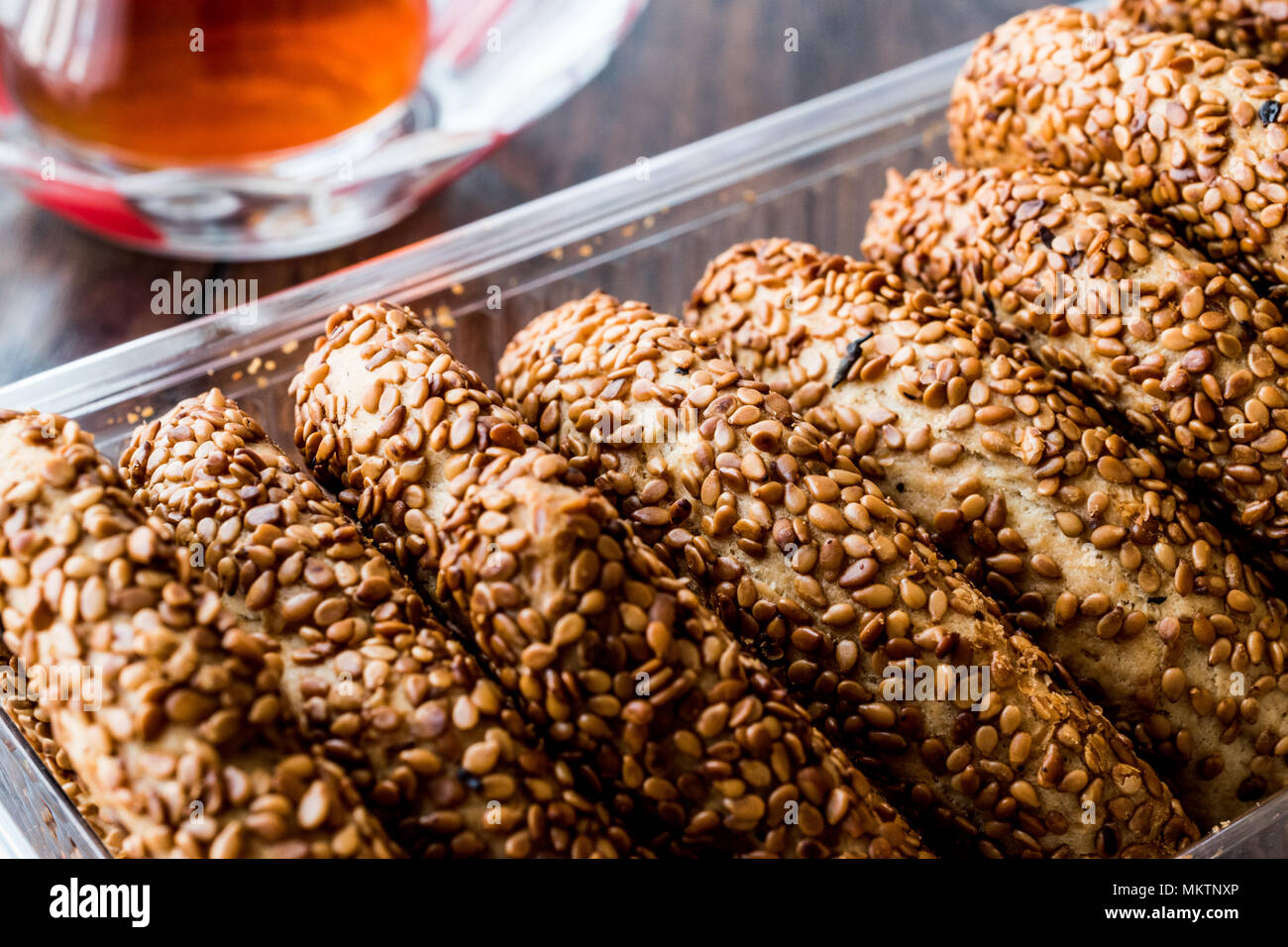 Turkish Bagel Kandil simiti with tea (stack of pastry). fast food Stock ...