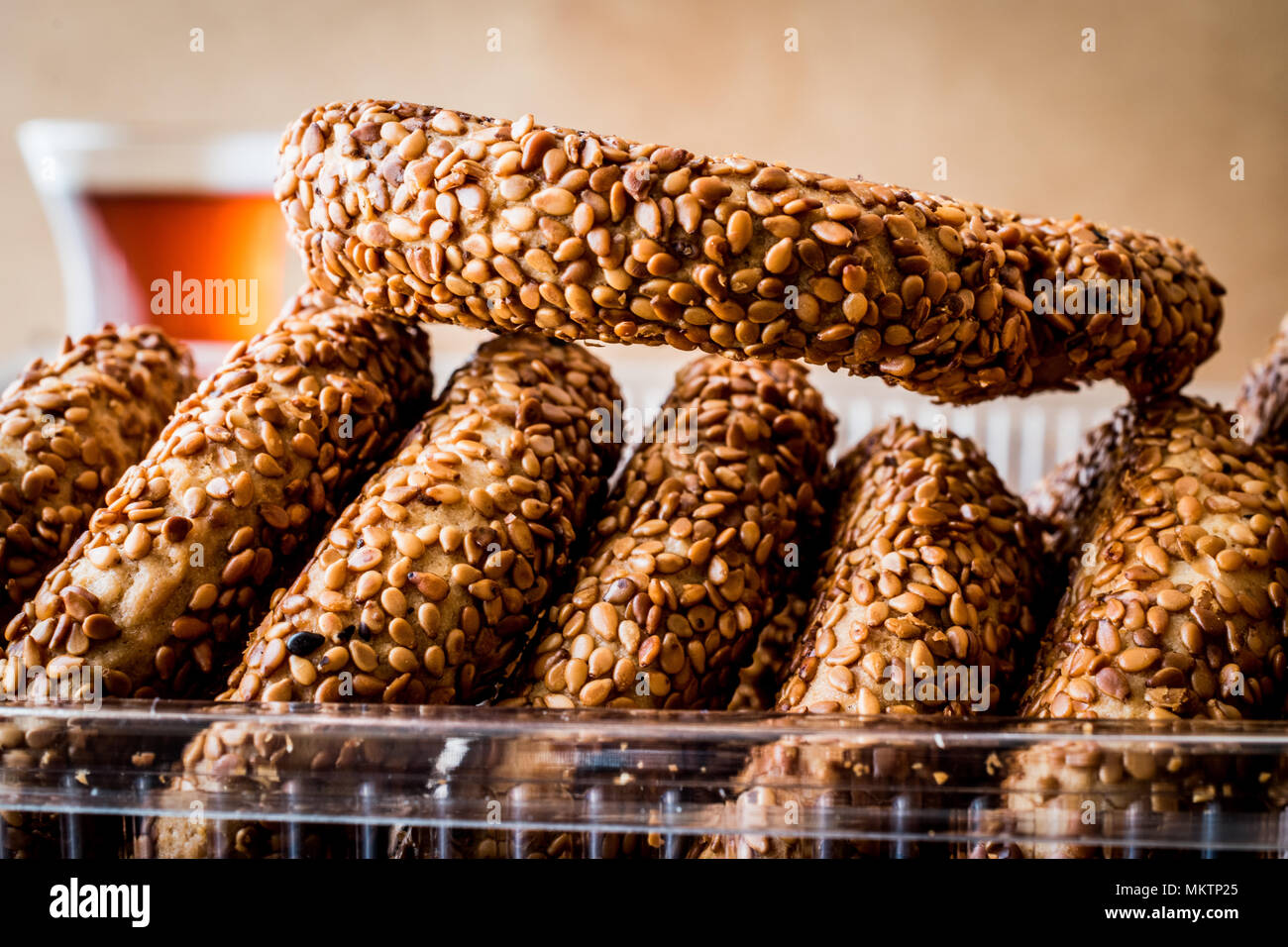 Turkish Bagel Kandil simiti with tea (stack of pastry). fast food Stock ...