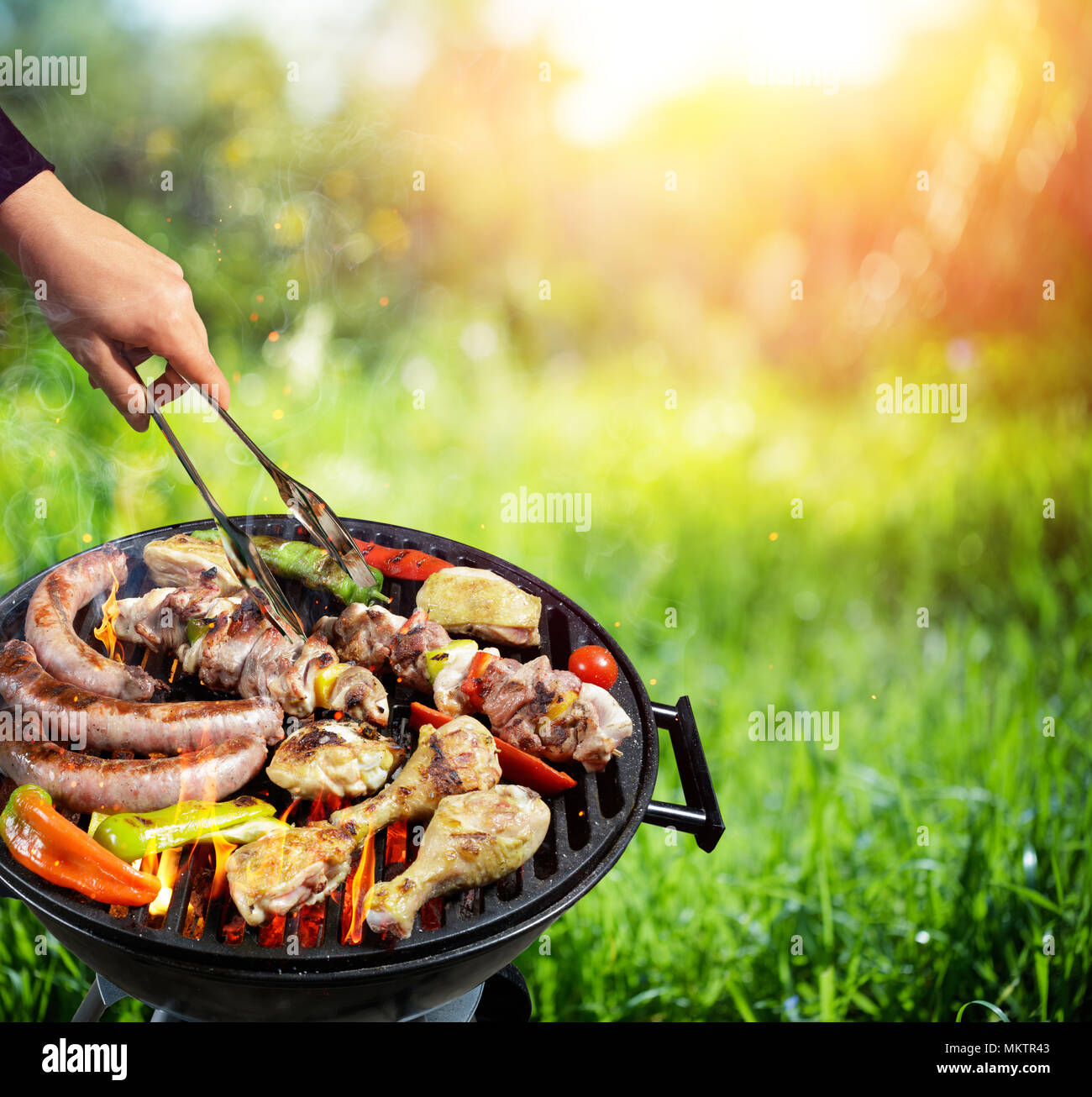 Picnic In Countryside - Barbecue Grill With Vegetable And Meat Stock ...