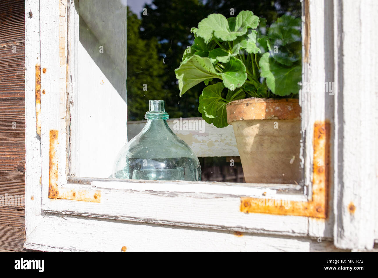Old traditional windows in wooden vintage farm houses. Polish ...