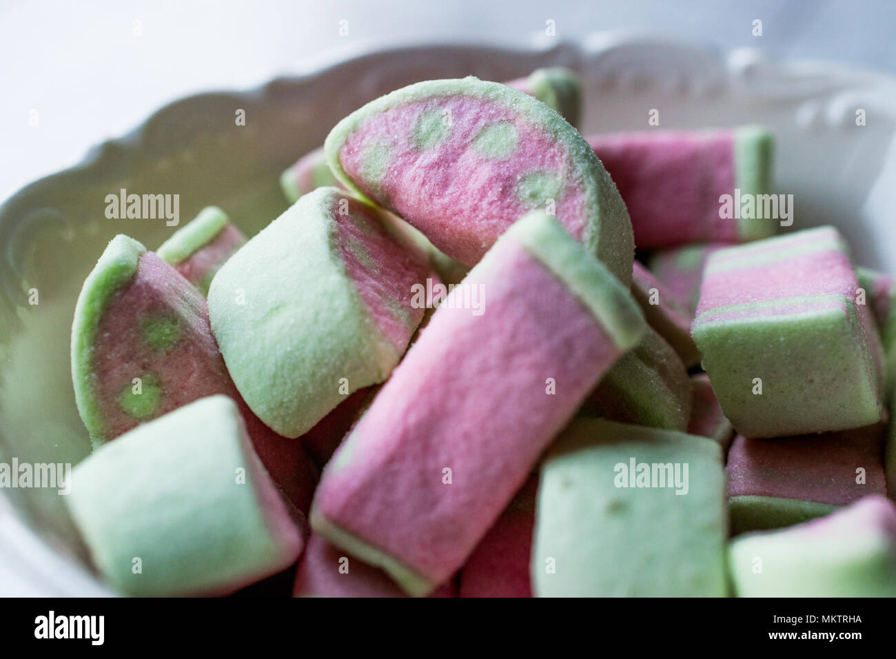 Watermelon Shape Marshmallows in ceramic bowl. Dessert concept Stock ...