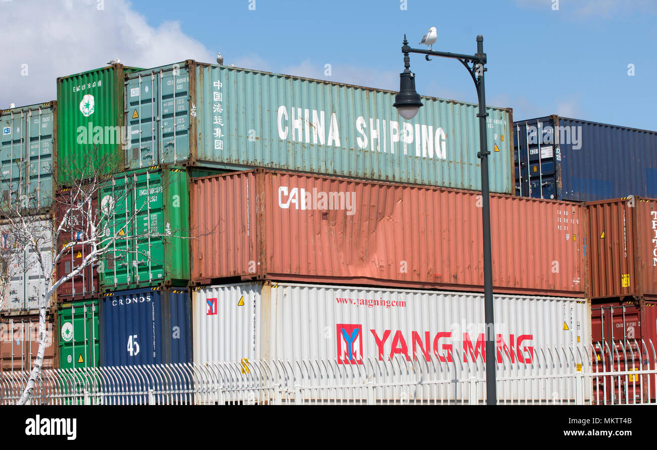 Shipping containers on the dock at South Boston, Massachusetts, USA ...