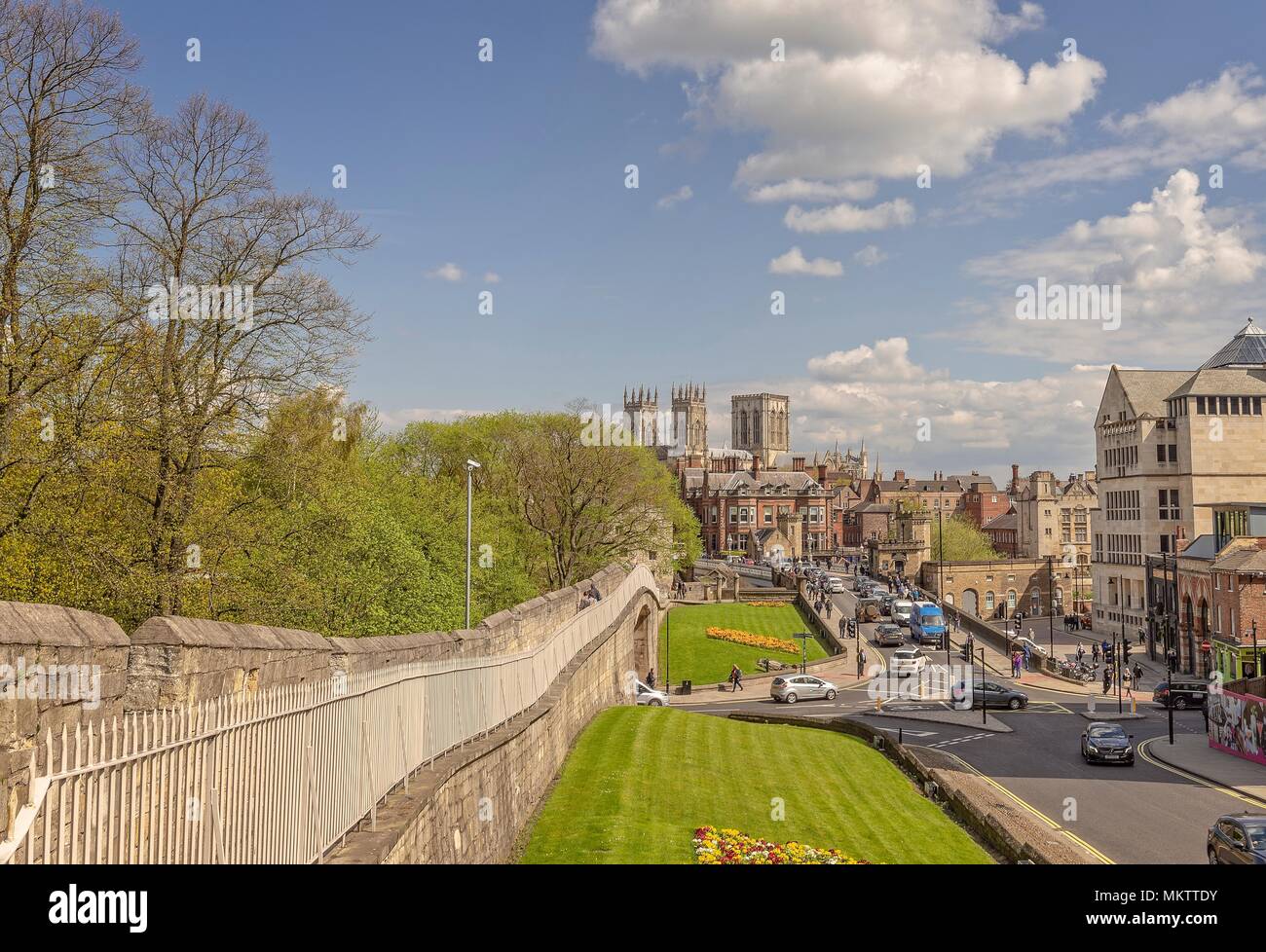 Cityscape view from the ancient York city walls to the historic York ...