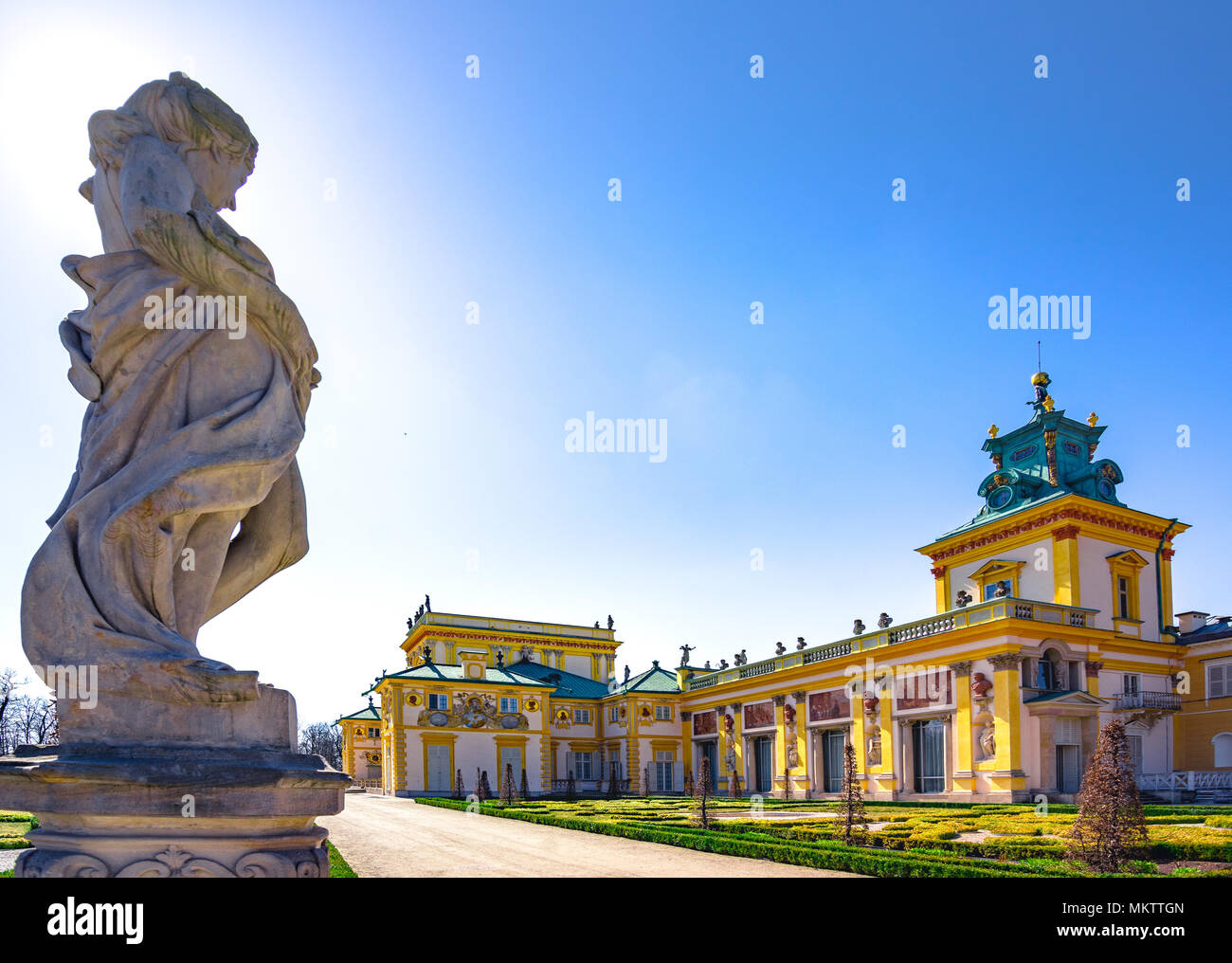 The royal Wilanow Palace in Warsaw, Poland, with gardens, statues and ...