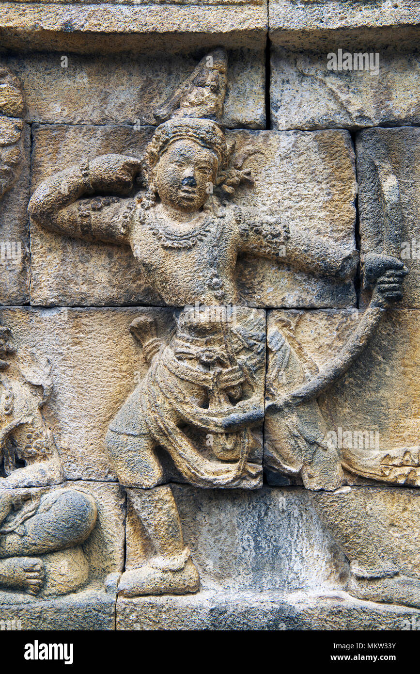 Stone bas-relief carving archer with drawn bow figure Borobudur 9th ...