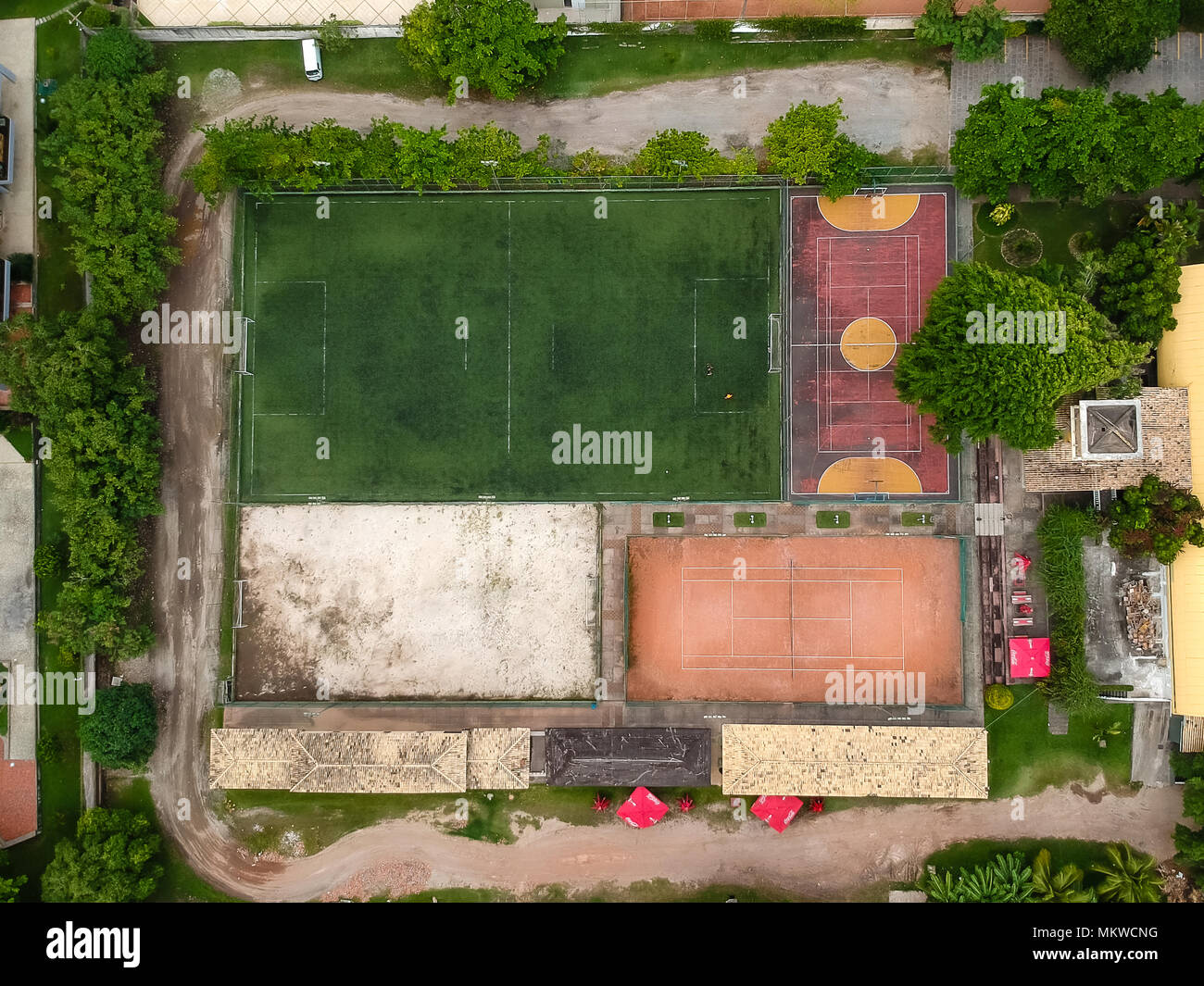 Drone top view of soccer field and basketball and volleyball courts ...