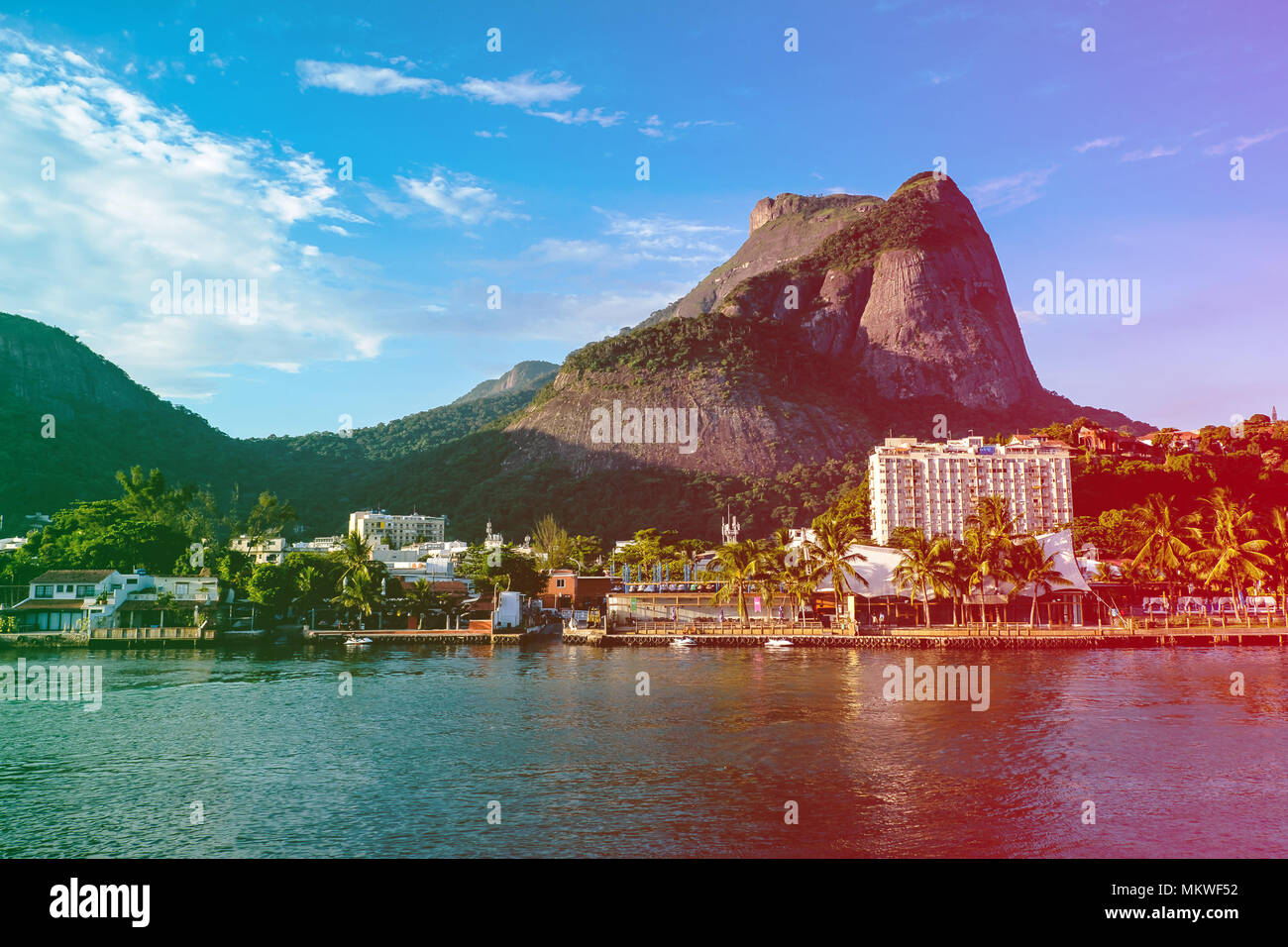 View of the Gavea Stone, seen from below with houses on the hill during ...