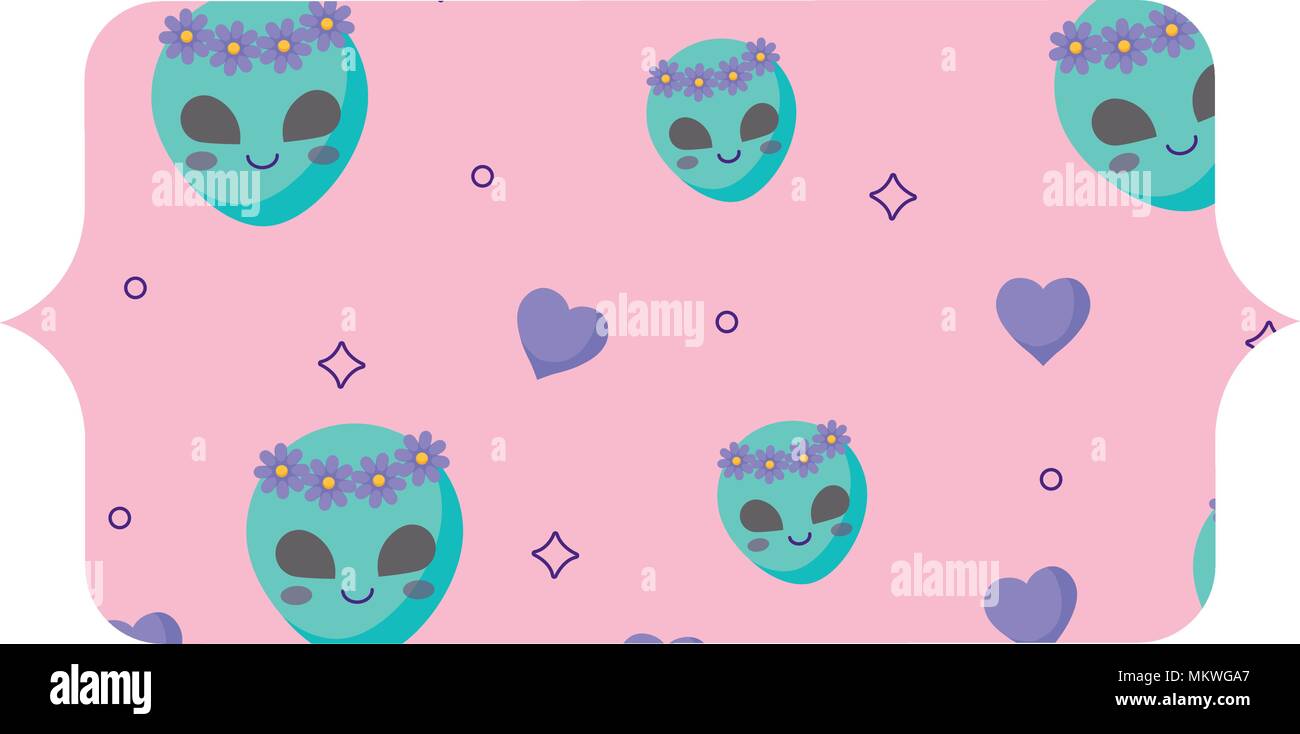 banner with alien and hearts pattern over white background, vector ...