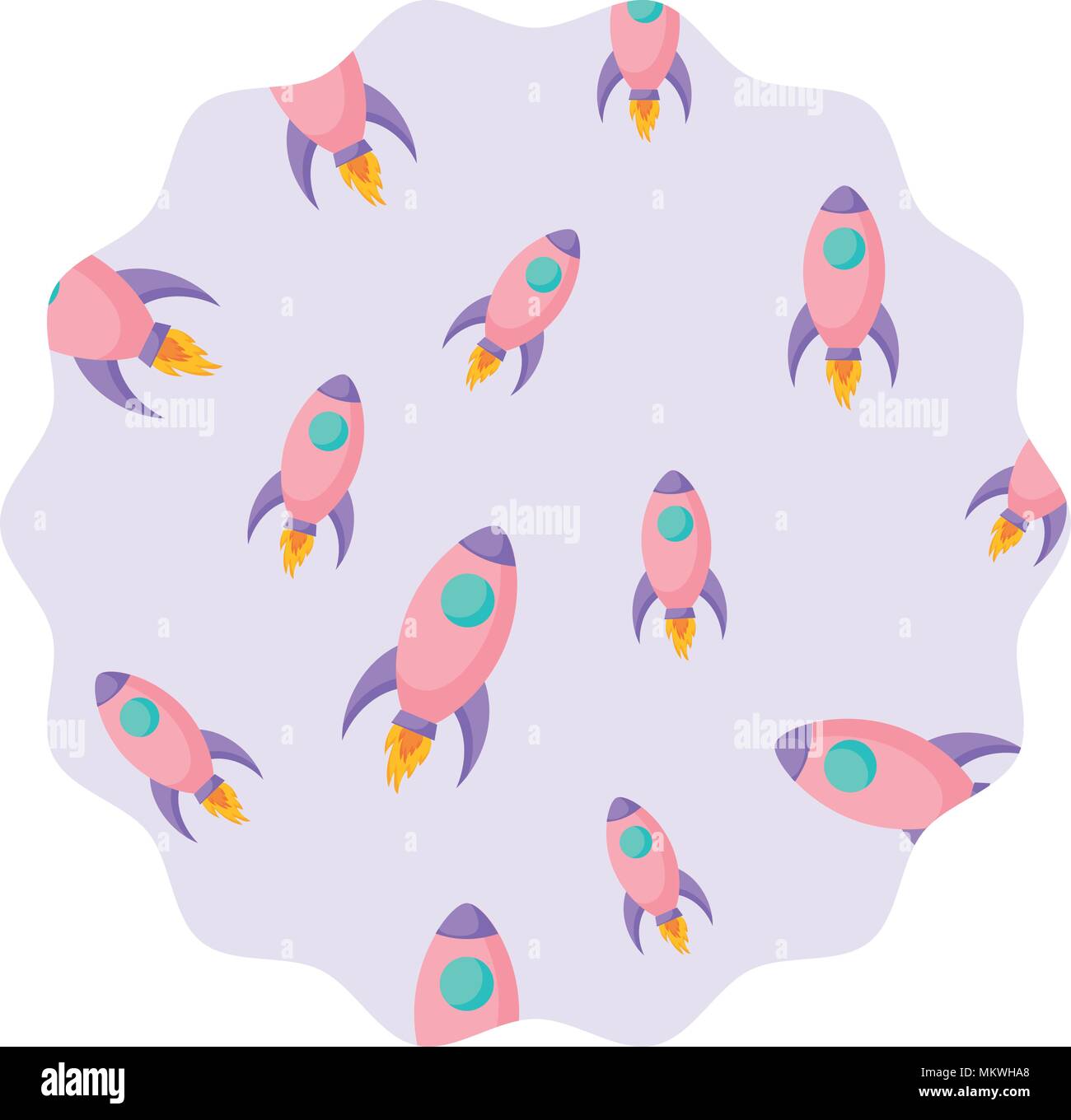 circular frame with space rockets pattern over white background, vector ...