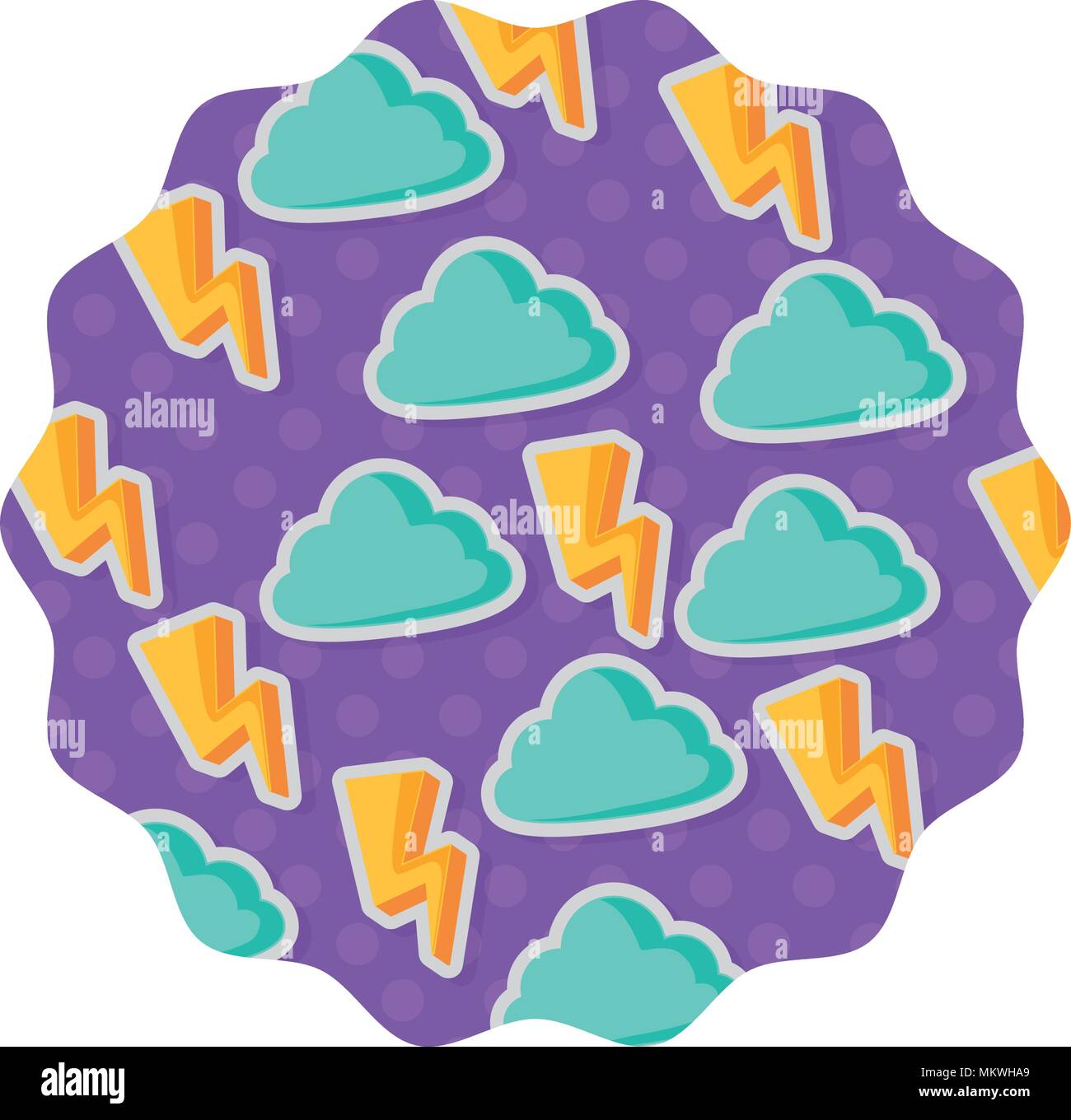 circular frame with clouds and lightning pattern over white background ...