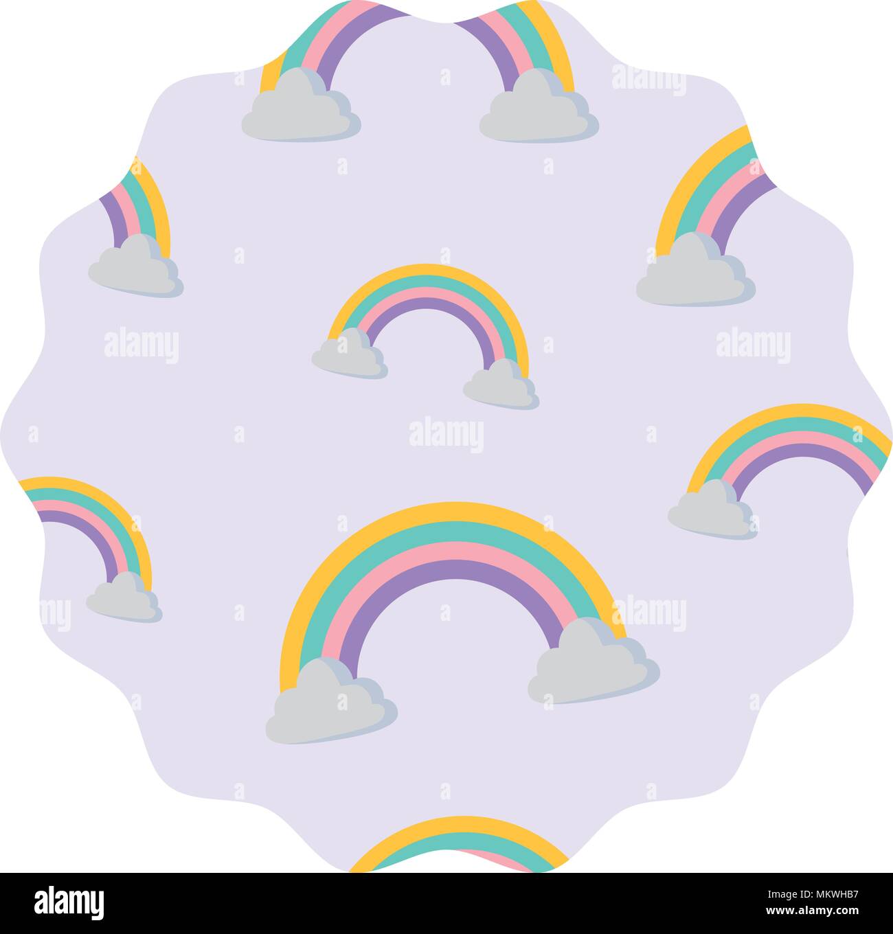 circular frame with rainbow and clouds pattern over white background ...