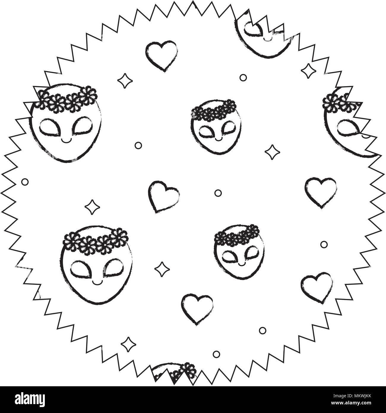 seal stamp with alien and hearts pattern over white background, vector ...