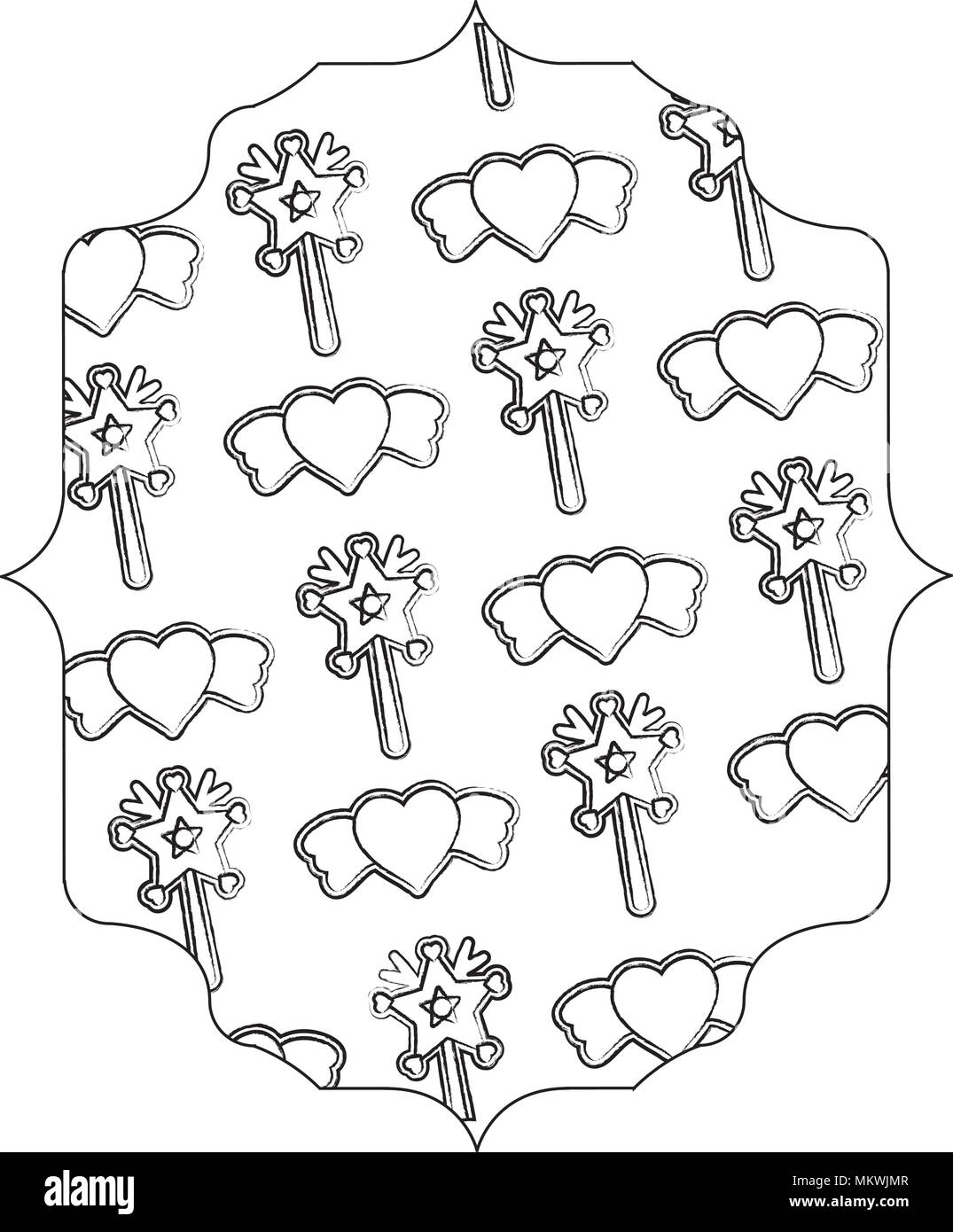 sketch of arabic frame with magic wand and hearts pattern, vector ...