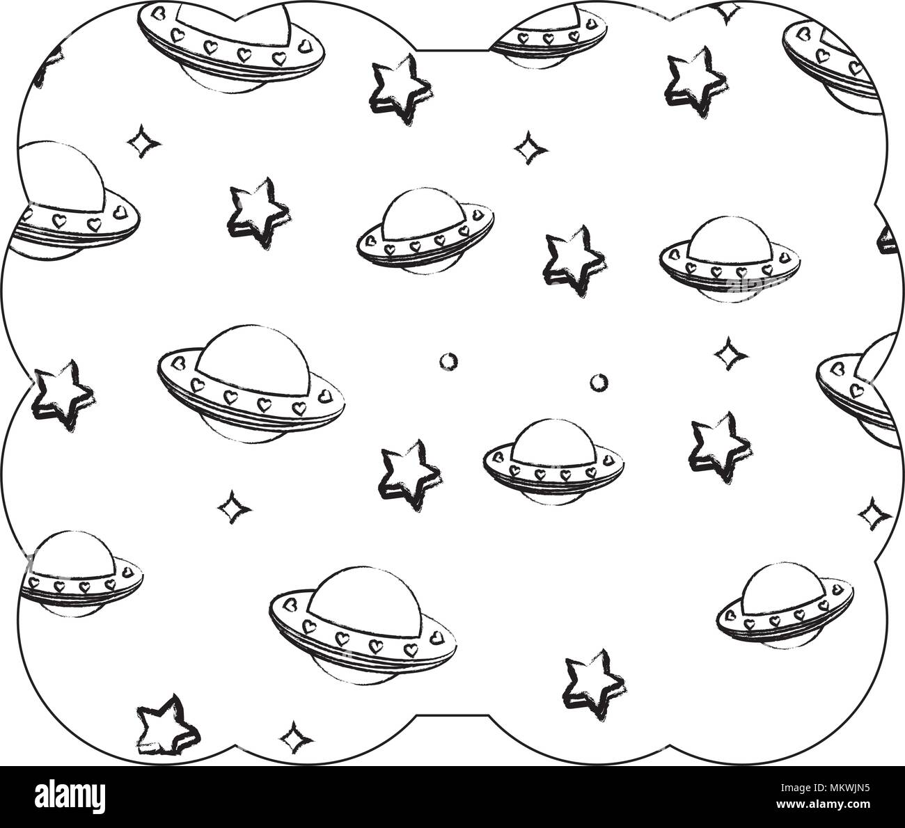 decorative frame with ufo and stars pattern over white background ...