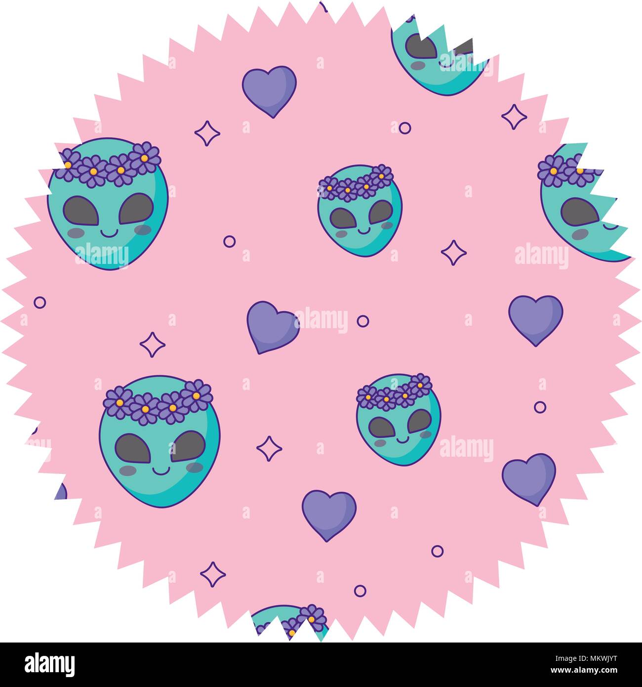 seal stamp with alien and hearts pattern over white background, vector ...