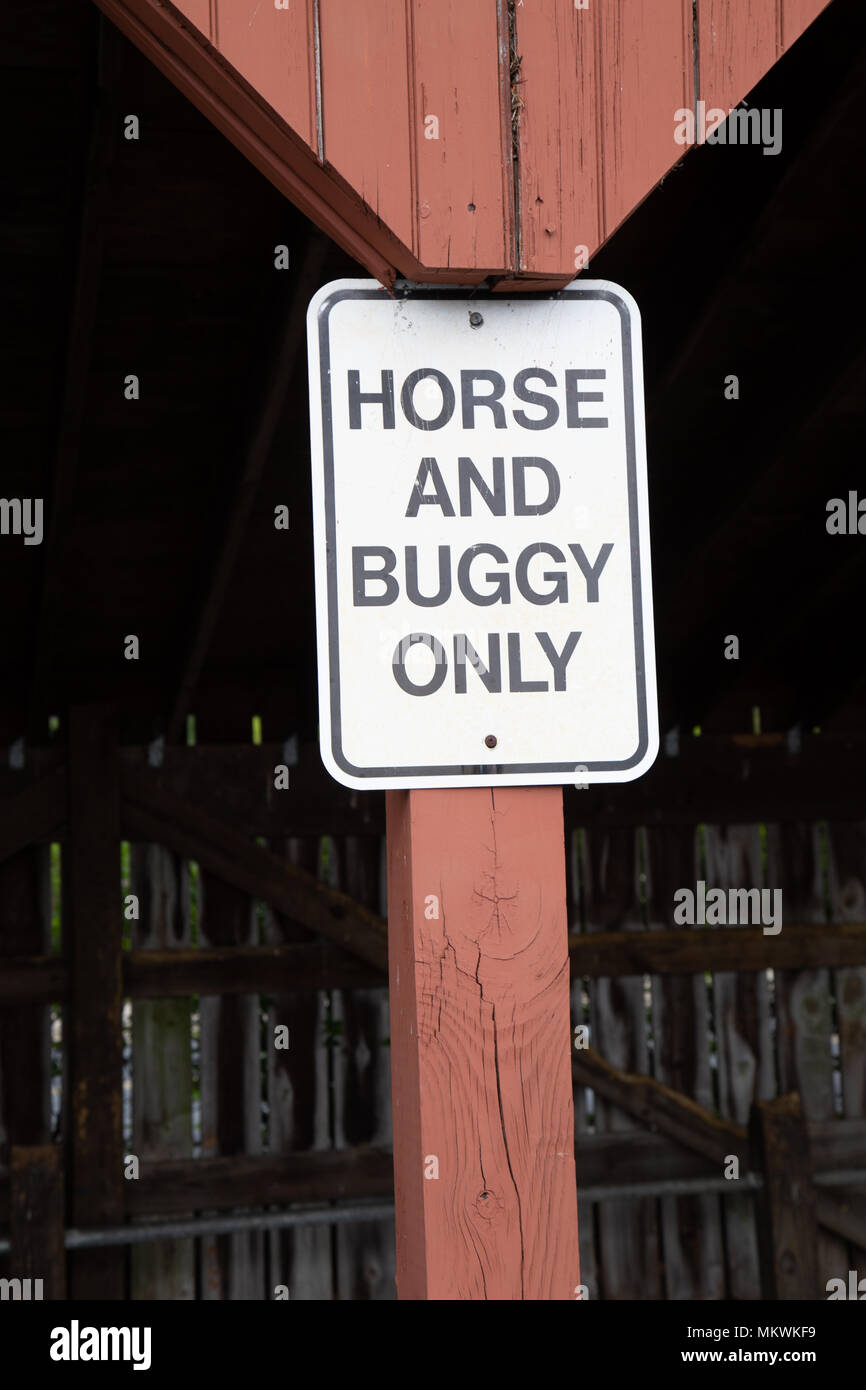 Lititz, PA, USA - May 7, 2018: A horse and buggy only sign on a shed ...
