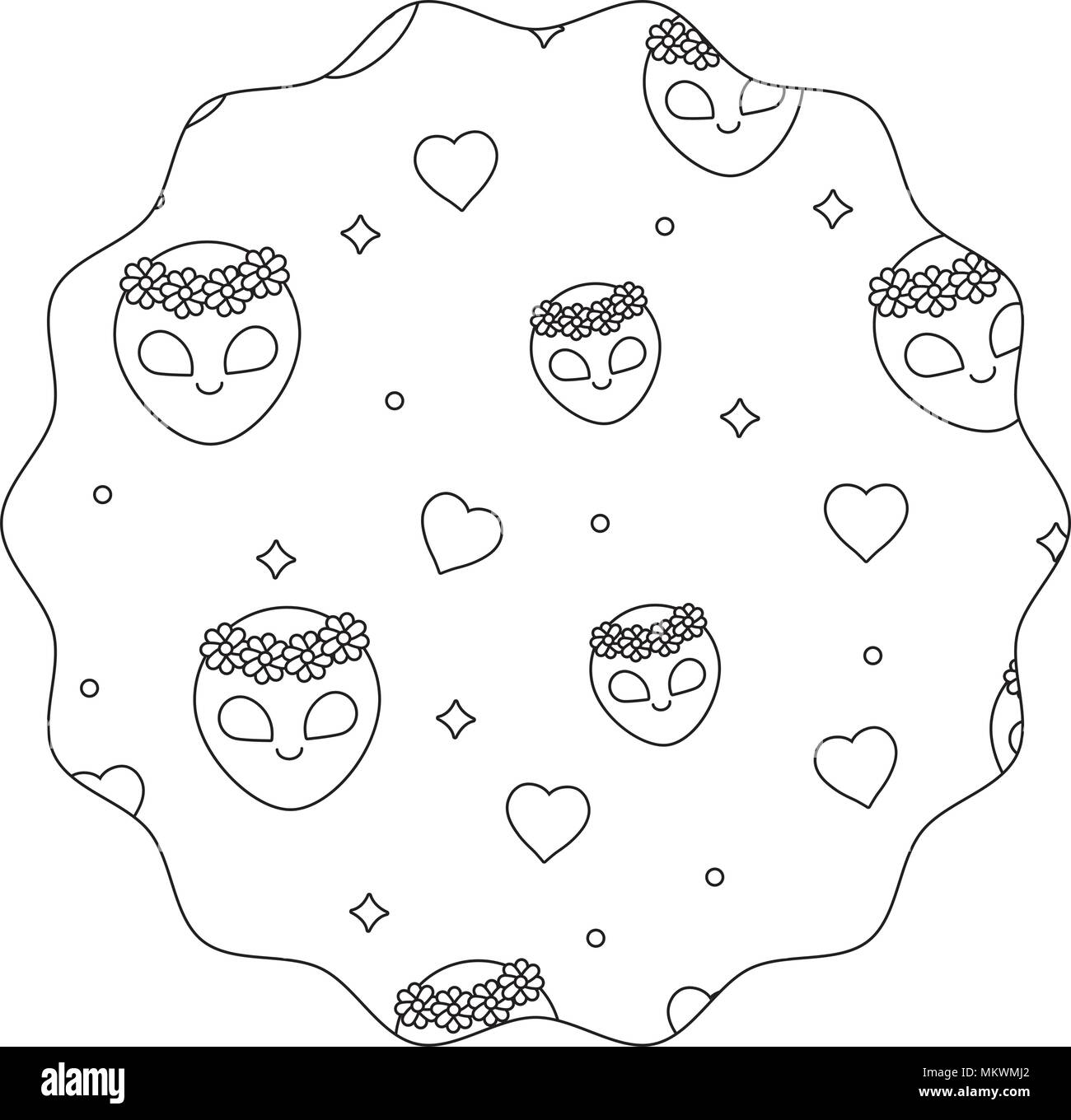 circular frame with alien and hearts pattern over white background ...