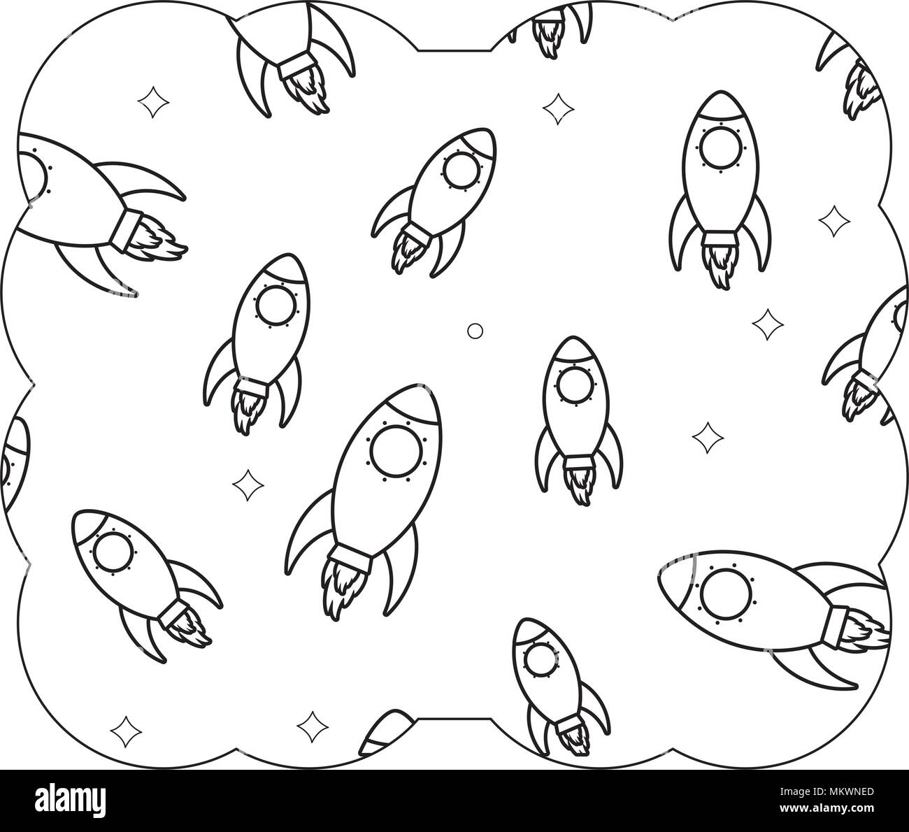 decorative frame with space rockets pattern over white background ...