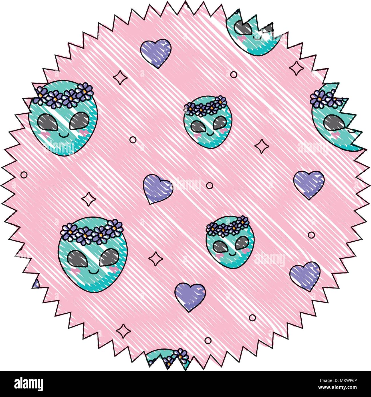 seal stamp with alien and hearts pattern over white background, vector ...