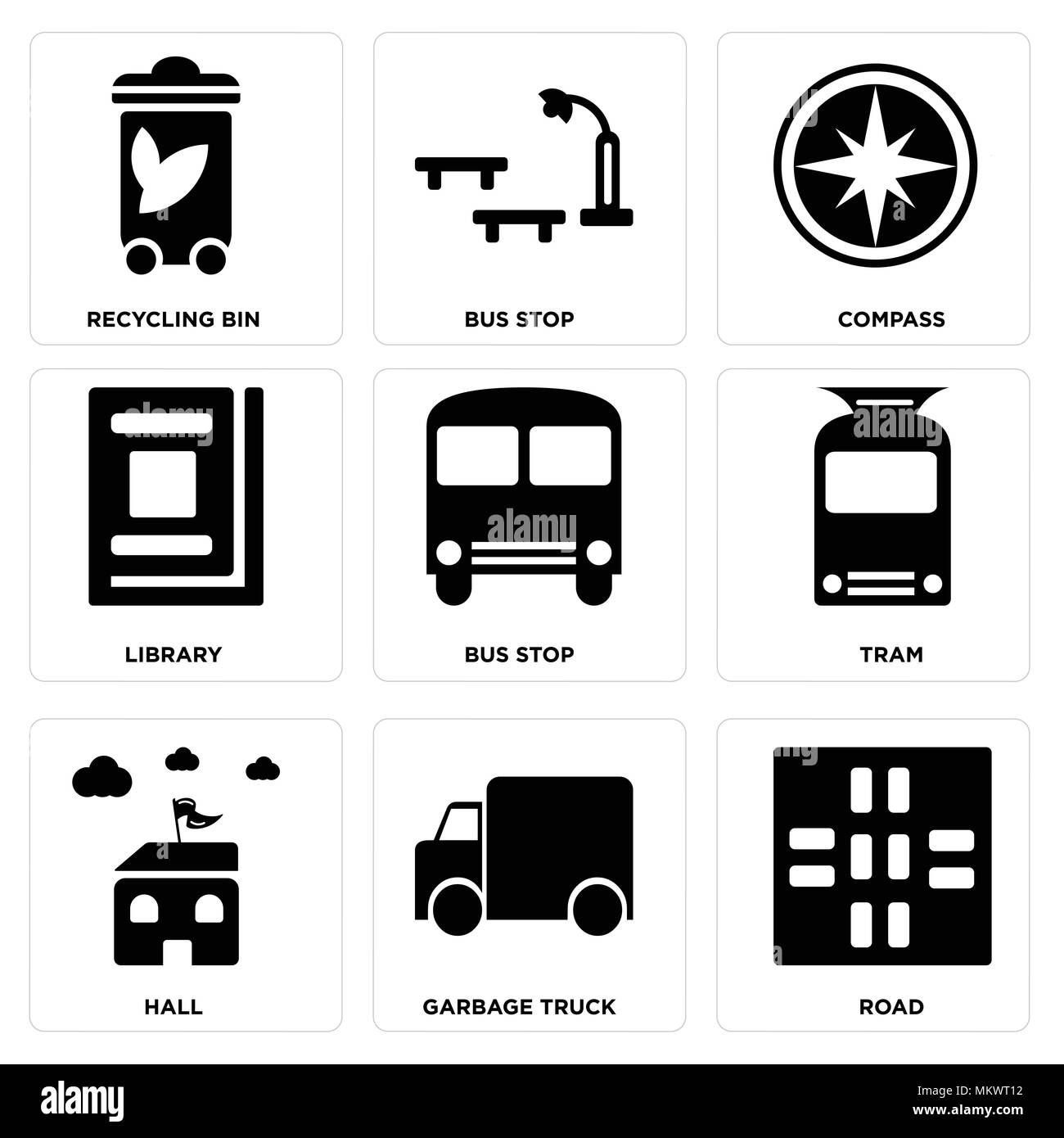 Set Of 9 simple editable icons such as Road, Garbage truck, Hall, Tram ...
