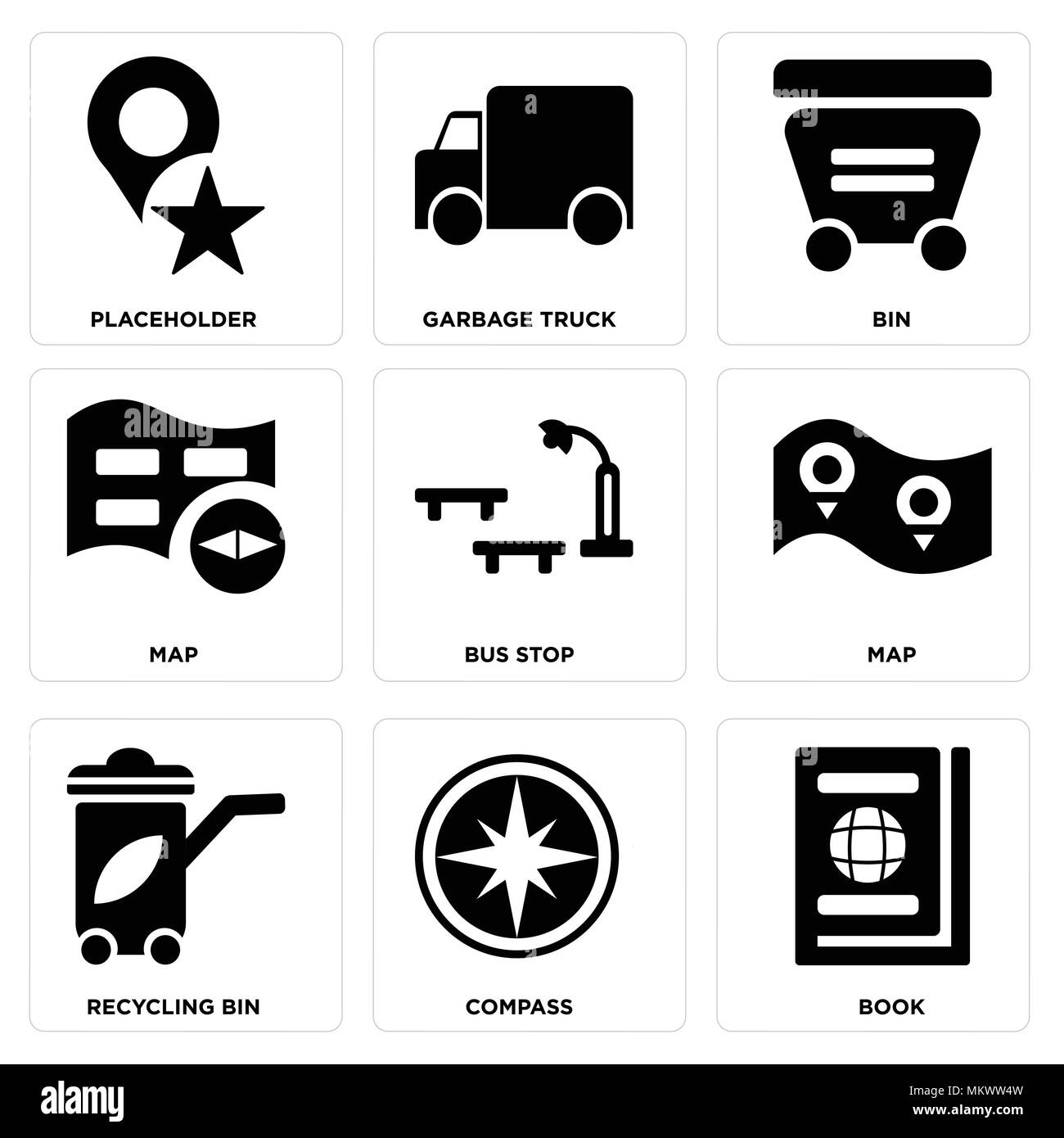 Set Of 9 simple editable icons such as Book, Compass, Recycling bin ...