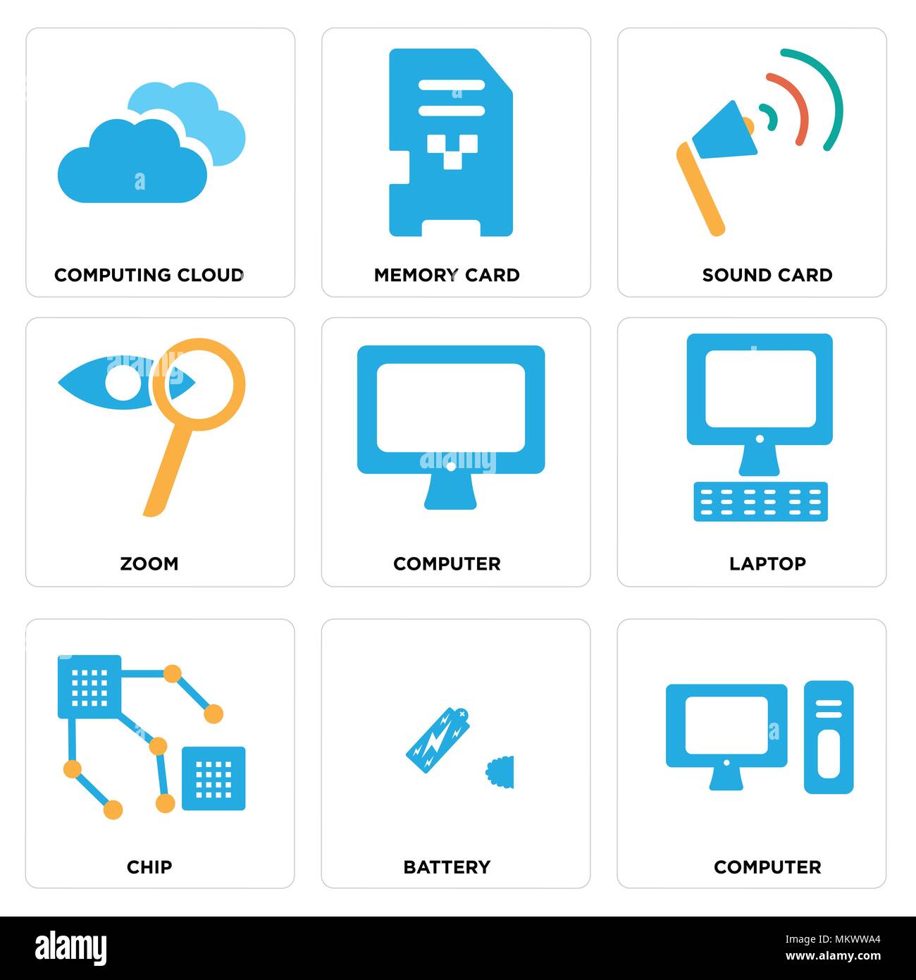 Set Of 9 simple editable icons such as Computer, Battery, Chip, Laptop ...