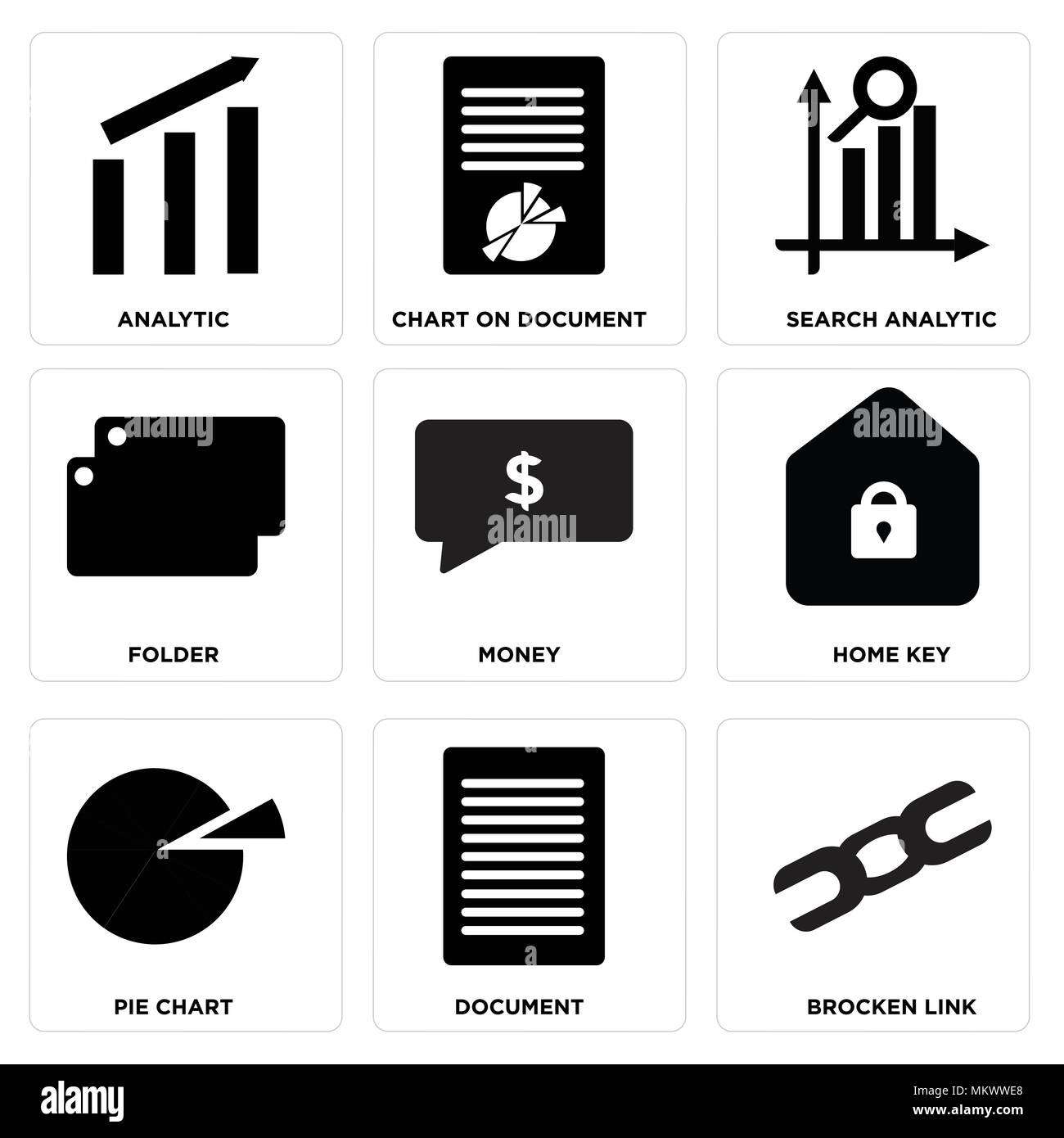 Set Of 9 simple editable icons such as Brocken link, Document, Pie ...