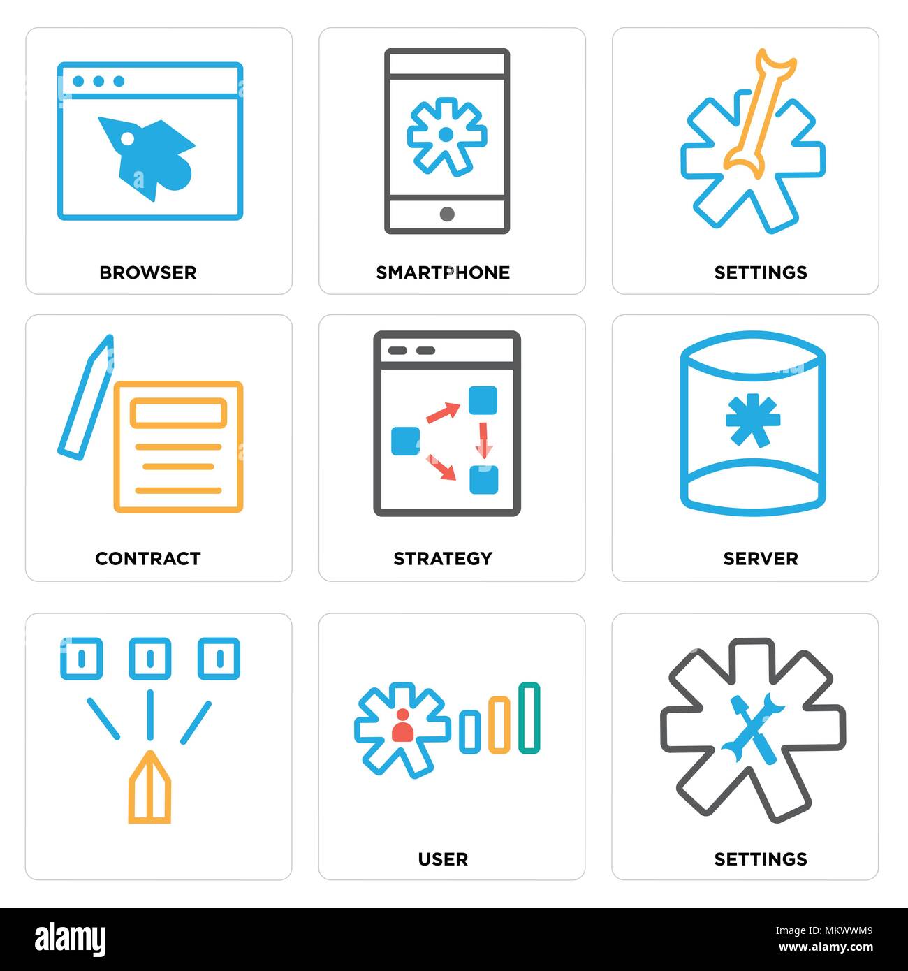 Set Of 9 simple editable icons such as Settings, User, Server, Strategy ...