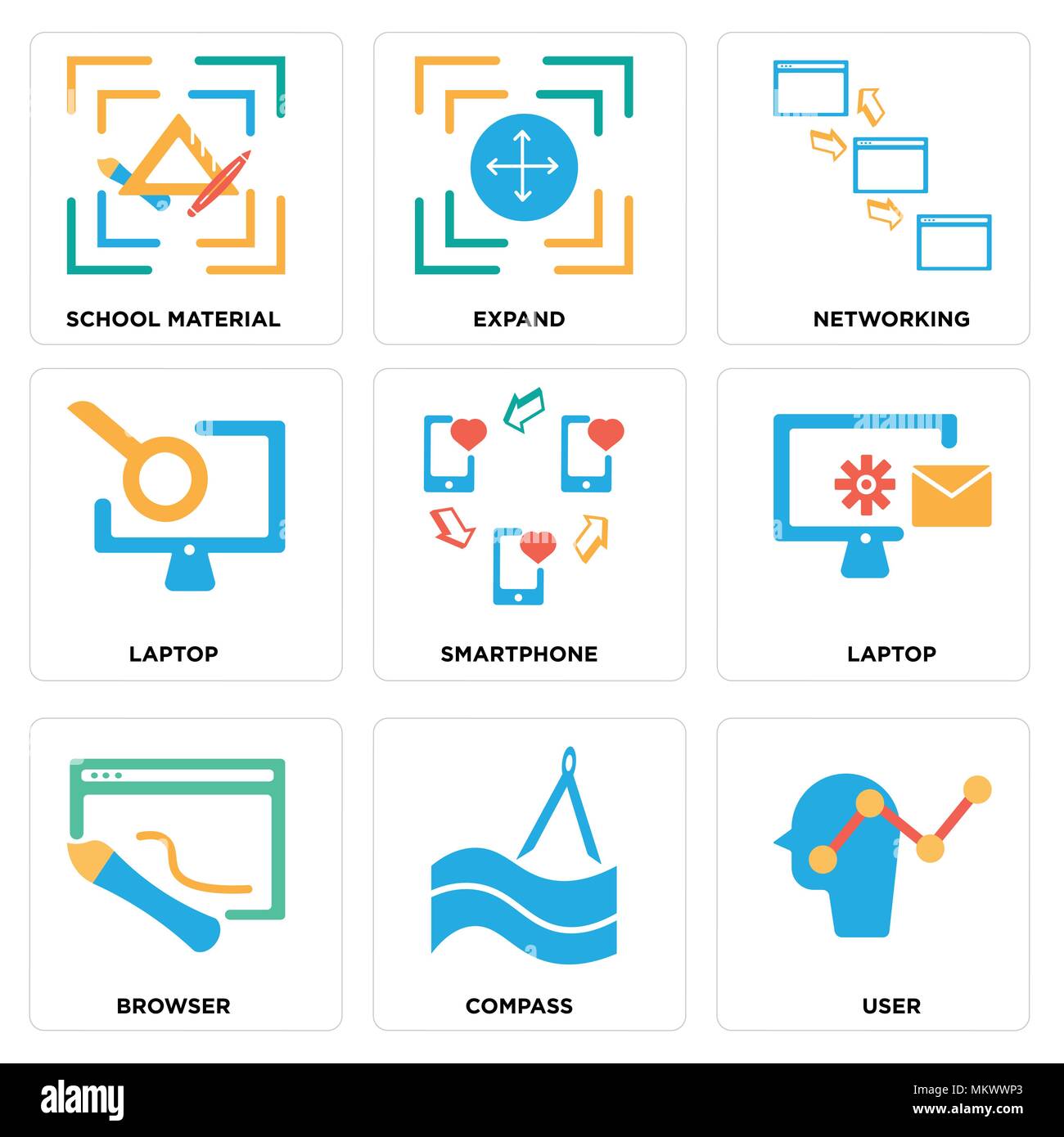Set Of 9 Simple Editable Icons Such As User Compass Browser Laptop Smartphone Networking