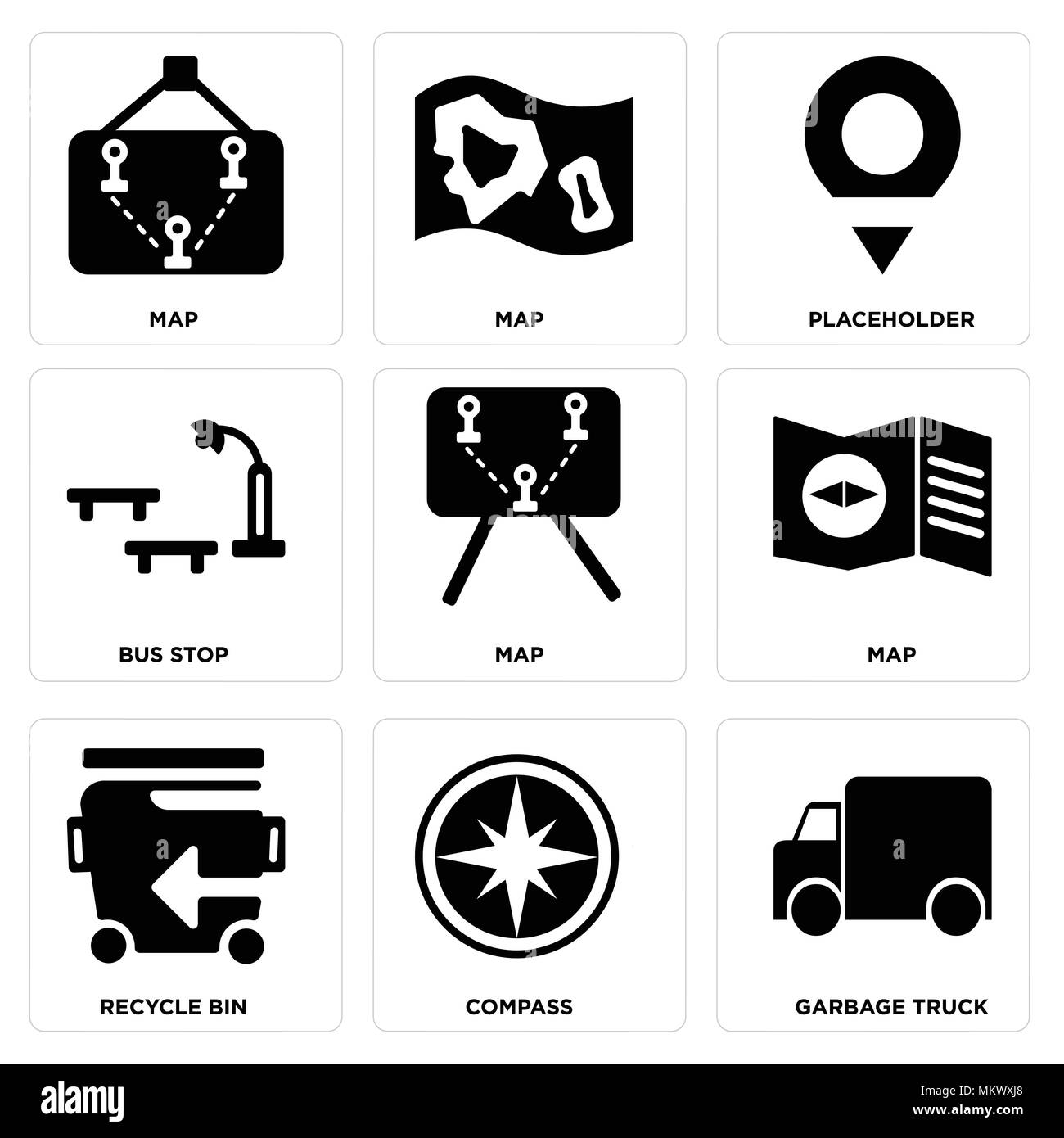Set Of 9 simple editable icons such as Garbage truck, Compass, Recycle ...