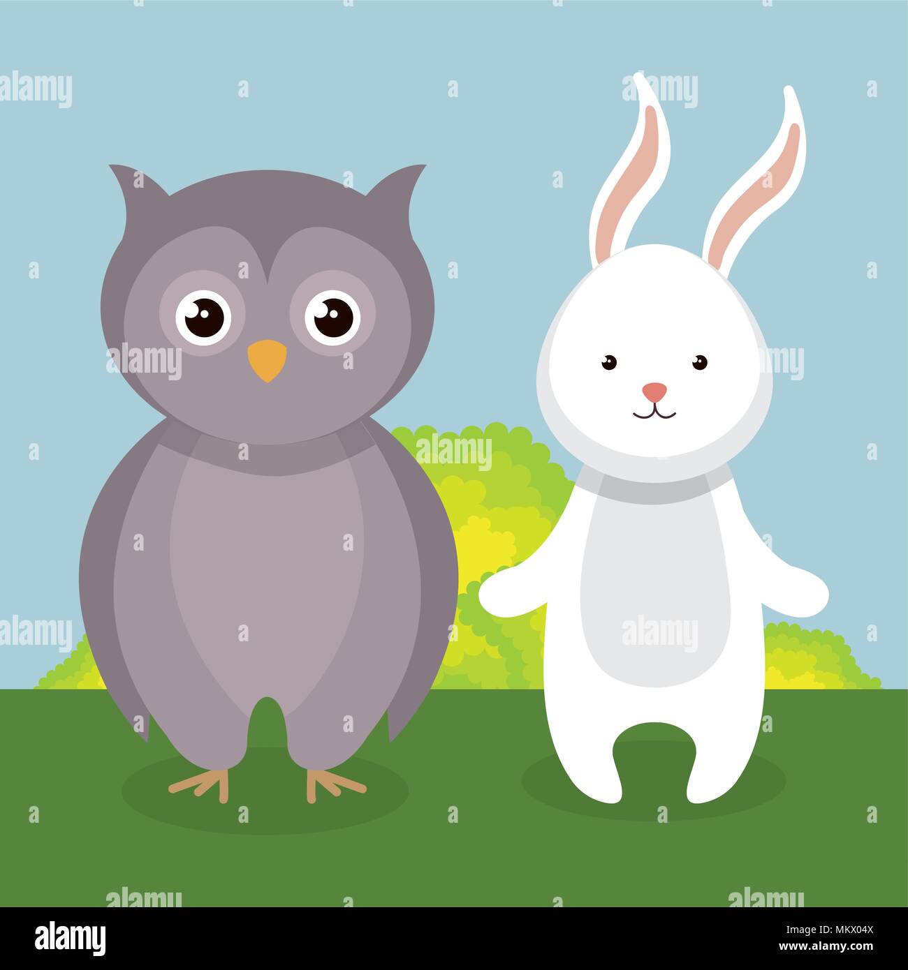 cute rabbit and owl in the field landscape characters Stock Vector ...