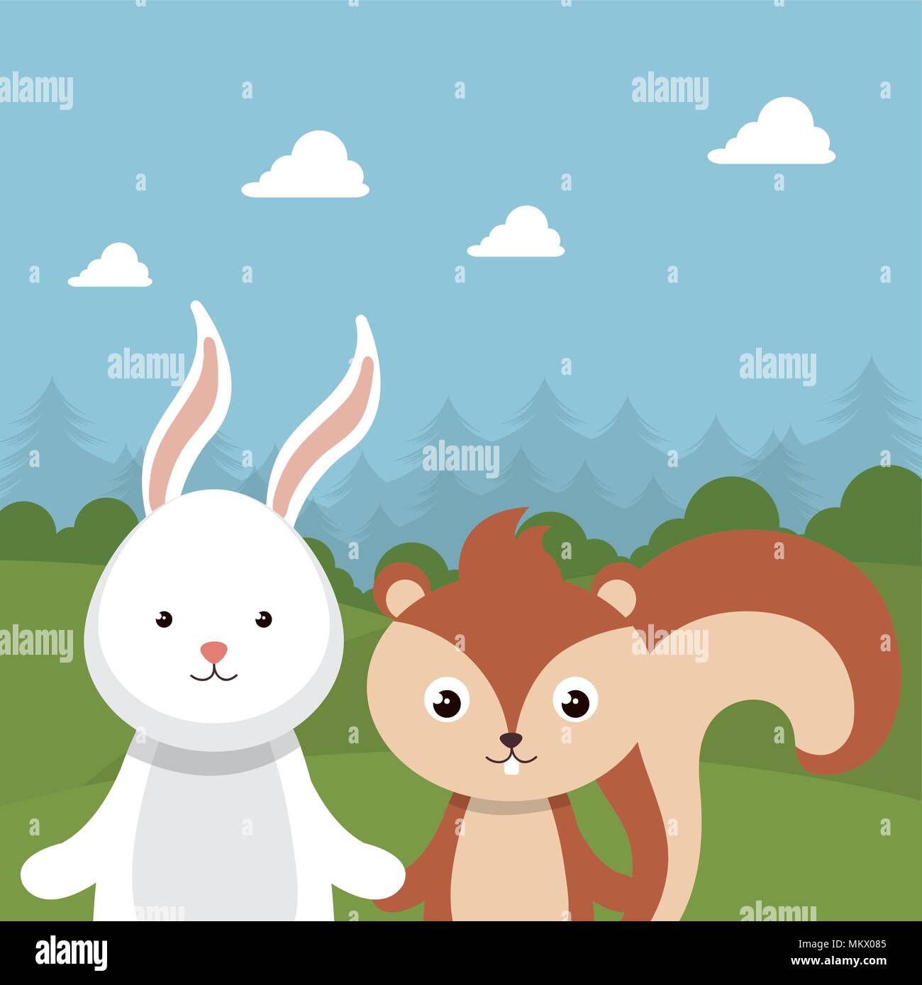 cute rabbit and chipmunk in the field landscape character Stock Vector ...