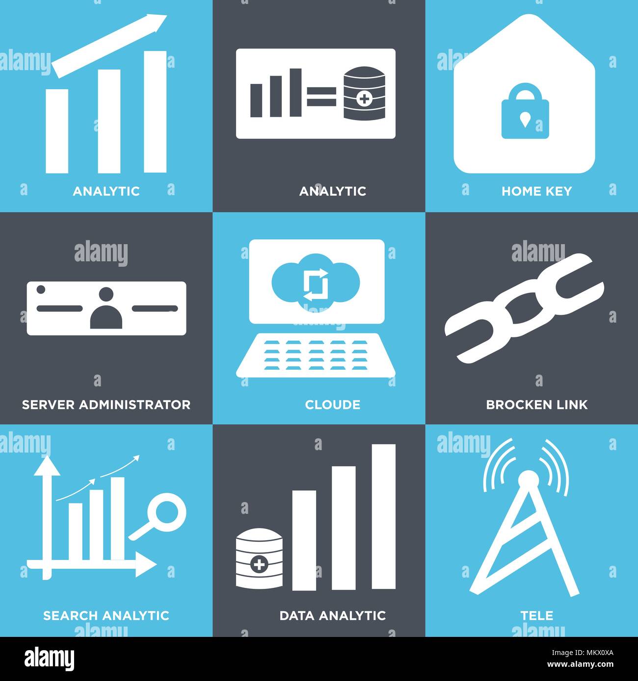 Set Of 9 Simple Editable Icons Such As Tele Data Analytic Search Brocken Link Cloude Server