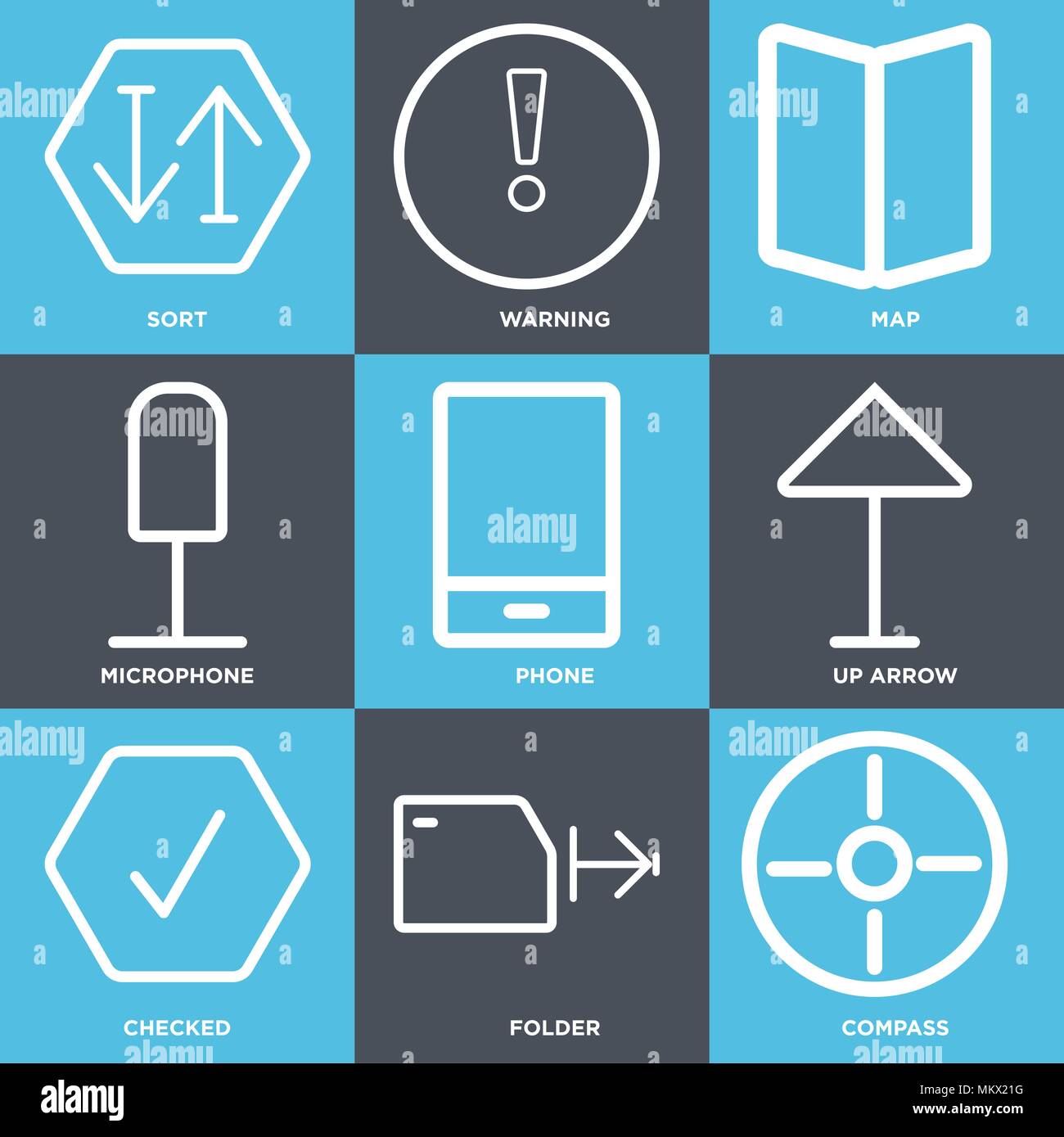 Set Of 9 simple editable icons such as Compass, Folder, Checked, Up ...