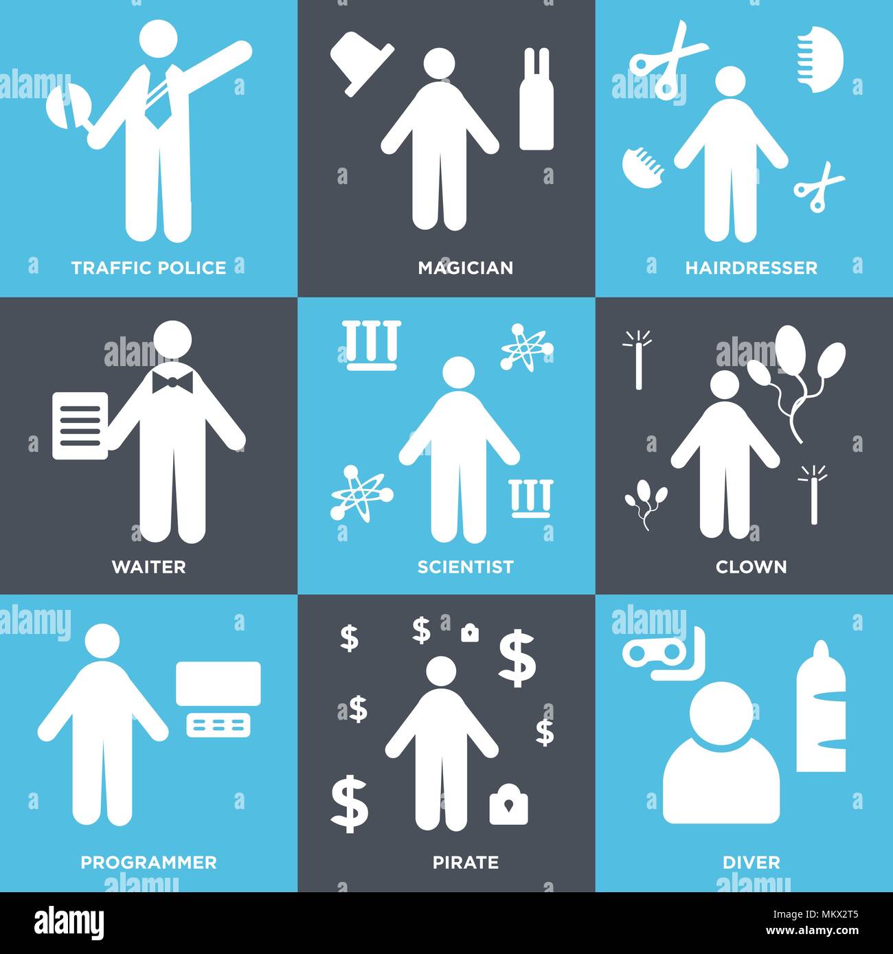 Set Of 9 simple editable icons such as Diver, Pirate, Programmer, Clown ...