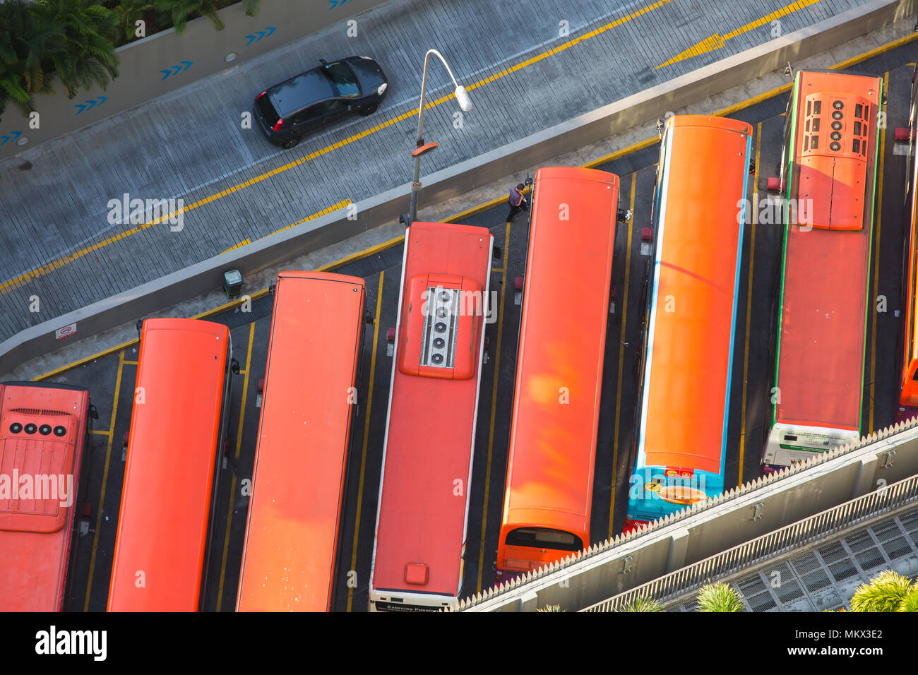Public buses vehicles park neatly in a row at the bus terminal ...