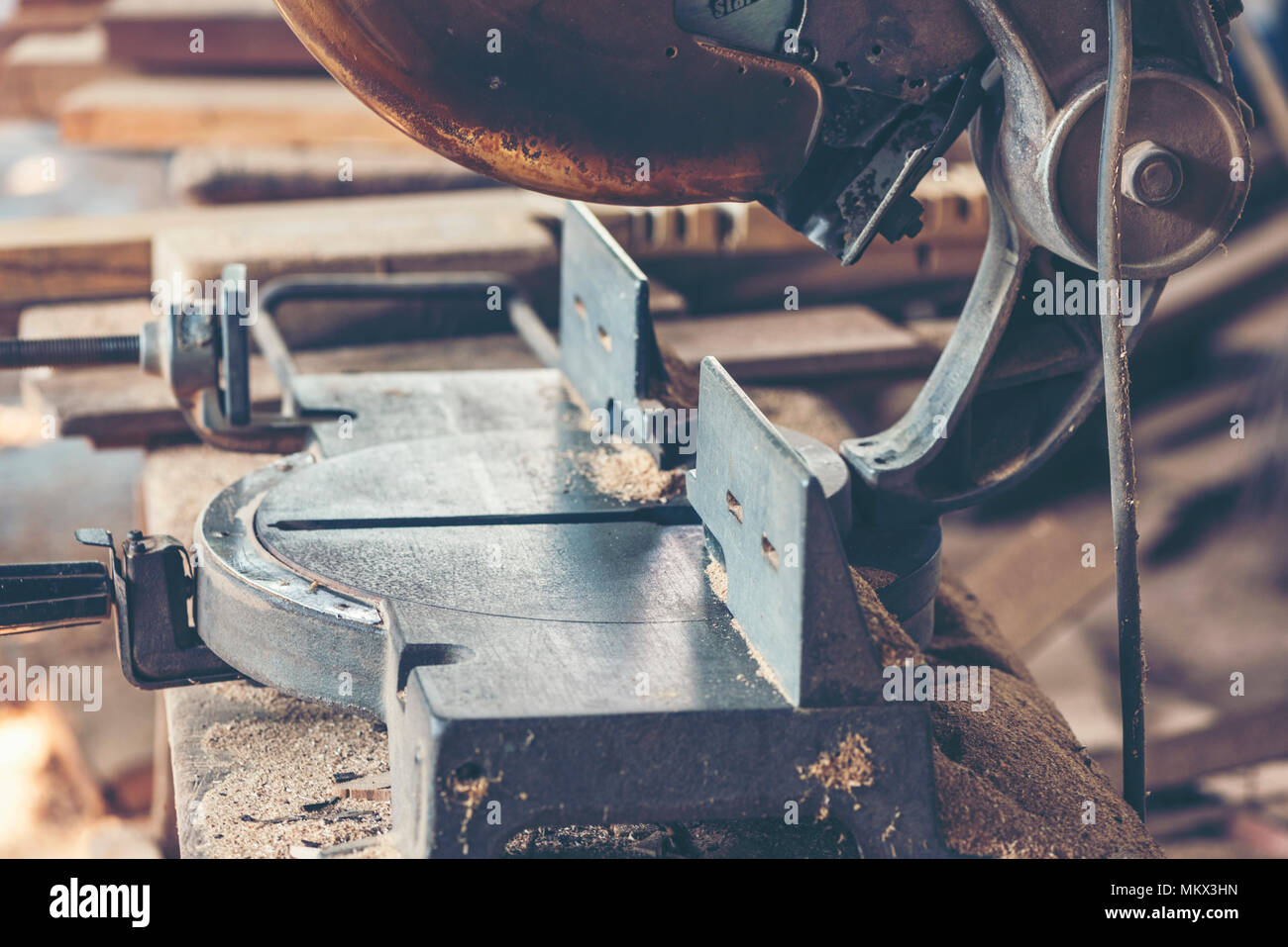 Background image of woodworking workshop: carpenters work table with ...