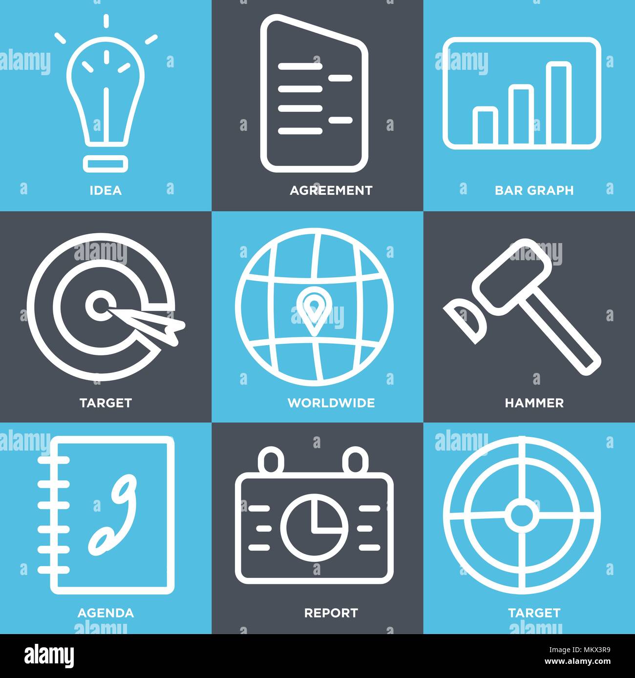 Set Of 9 simple editable icons such as Target, Report, Agenda, Hammer ...