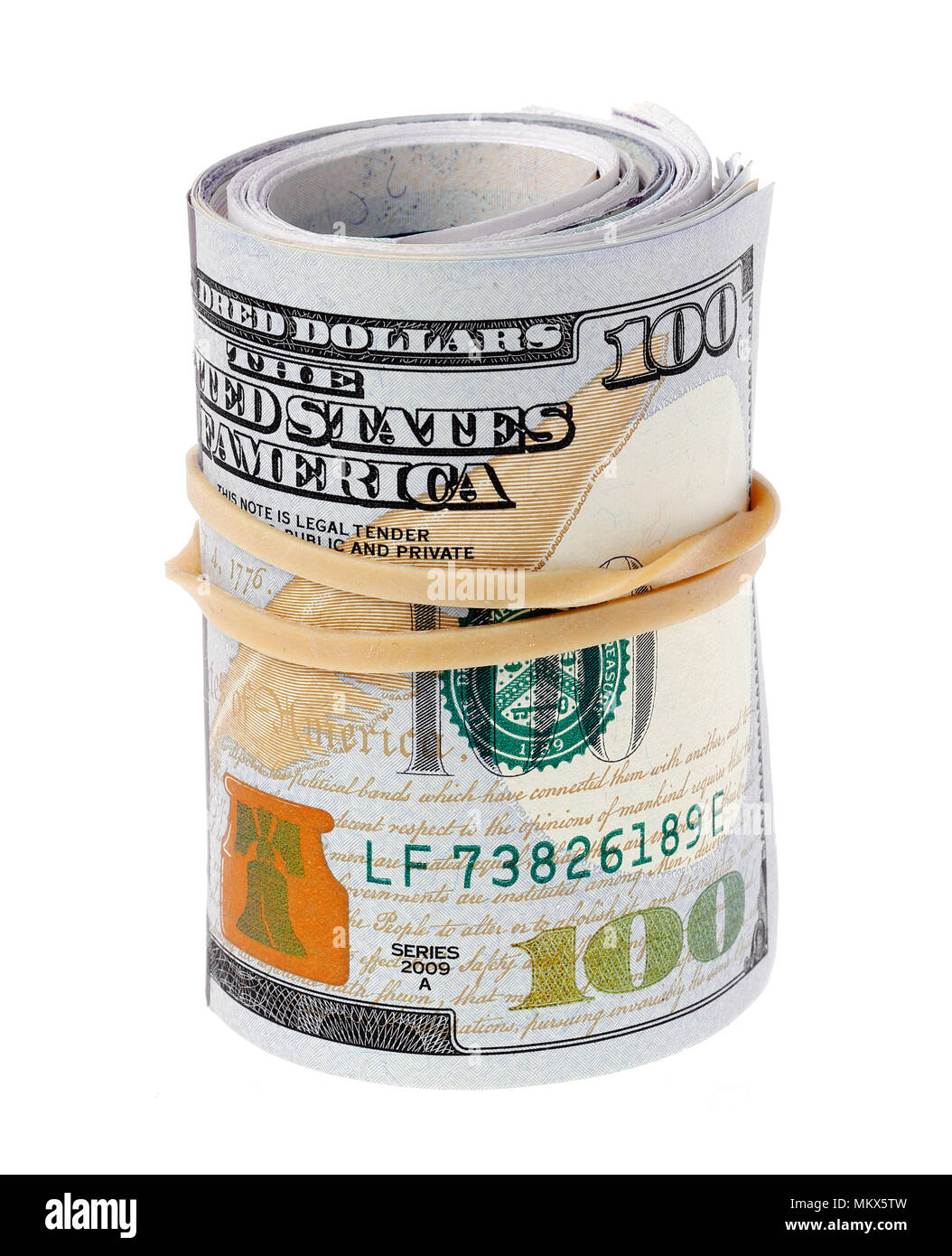 US Dollars banknotes rolled with a rubber band, isolated on white Stock ...